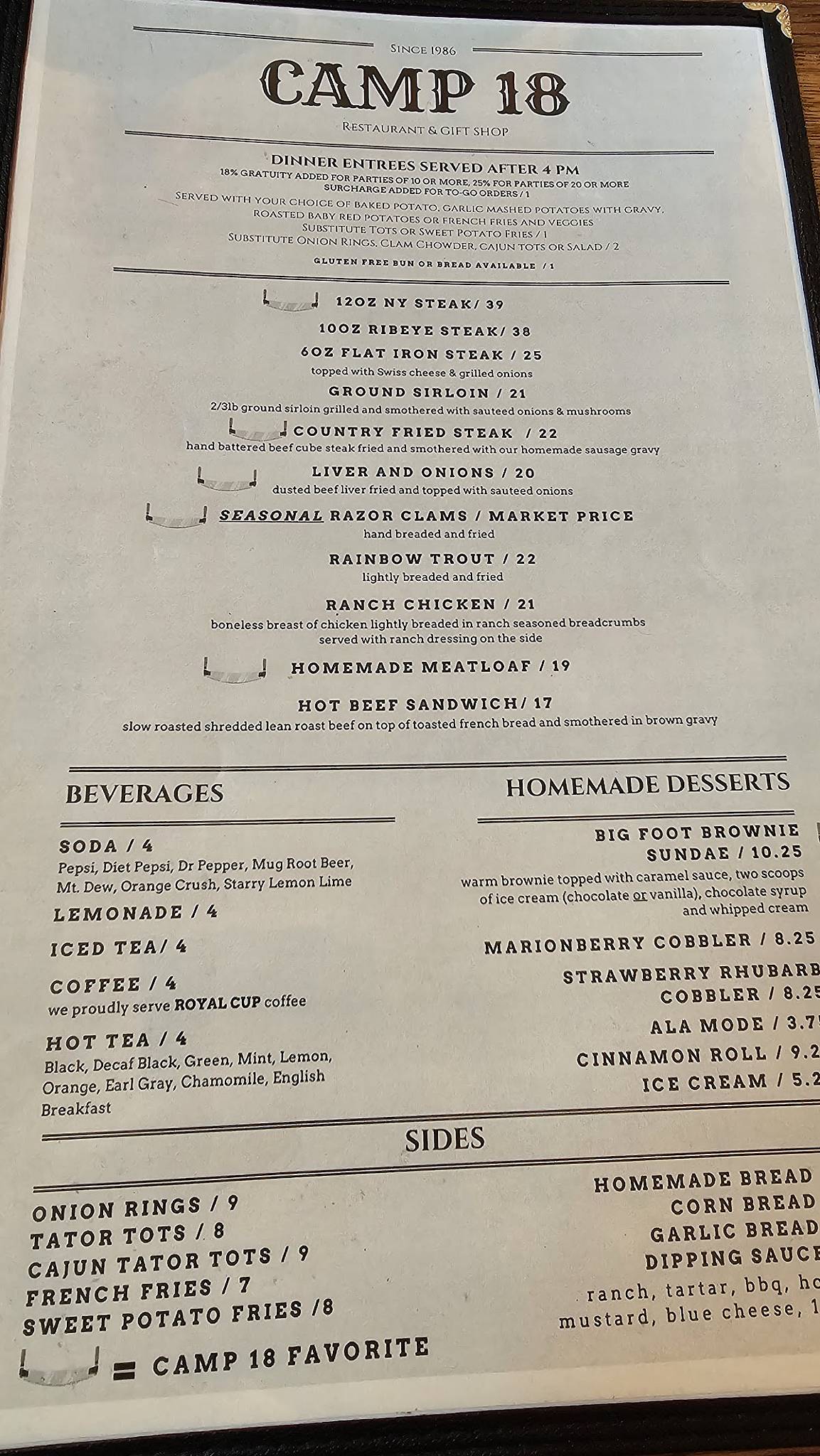 Menu at Camp 18 restaurant, USA