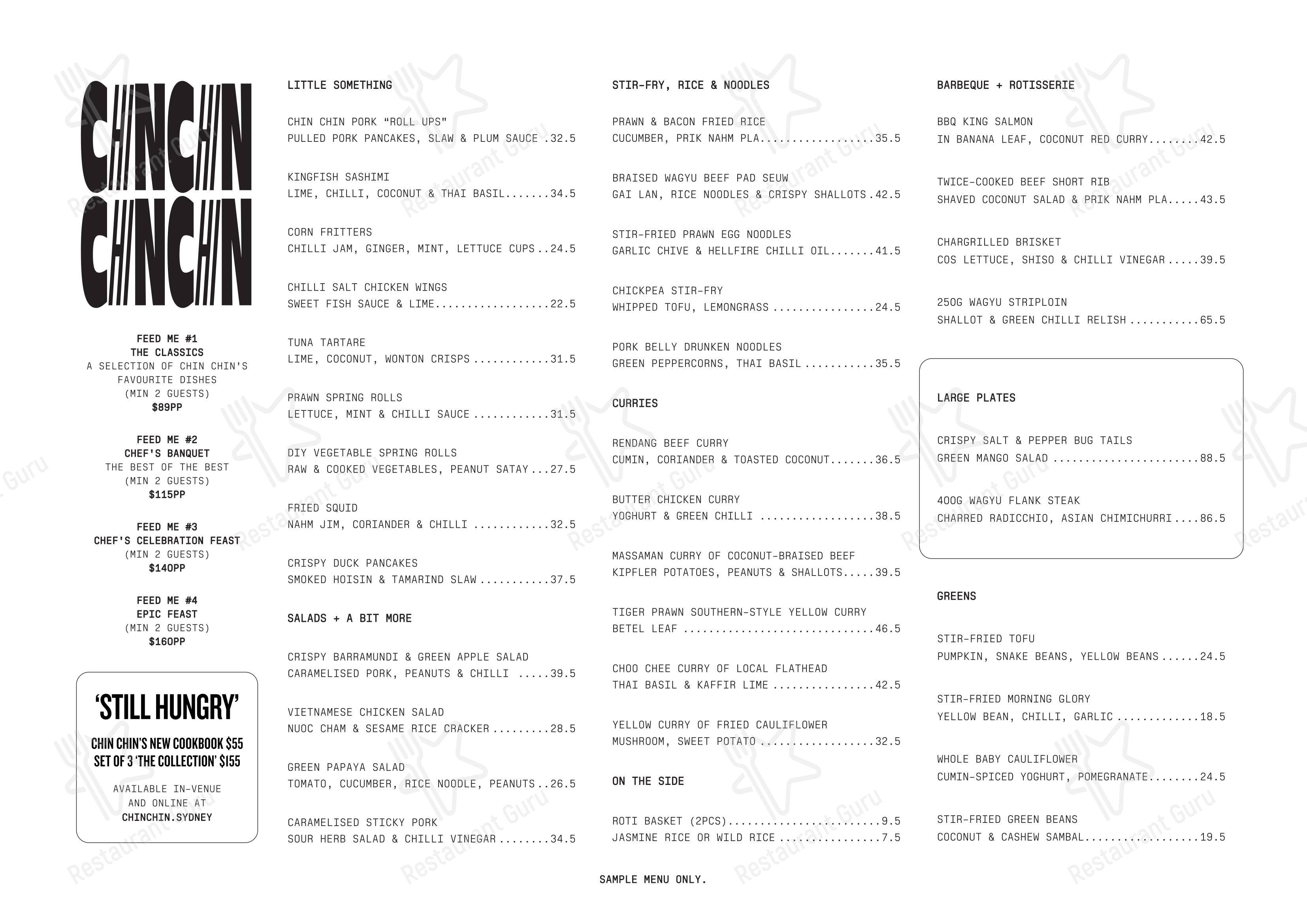 Menu at Chin Chin restaurant, Surry Hills