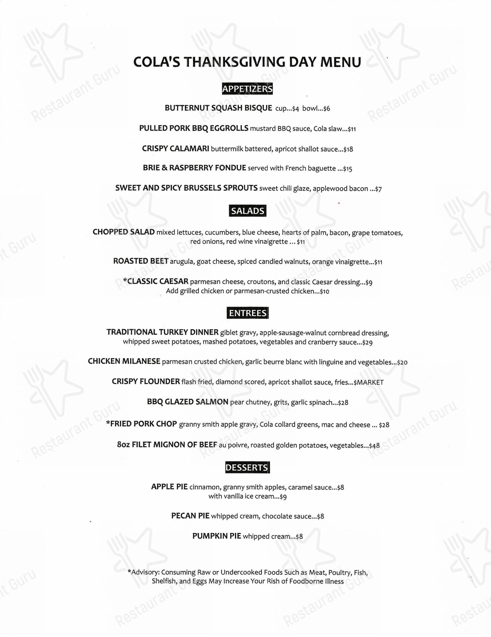 Menu at Cola's Restaurant, Columbia