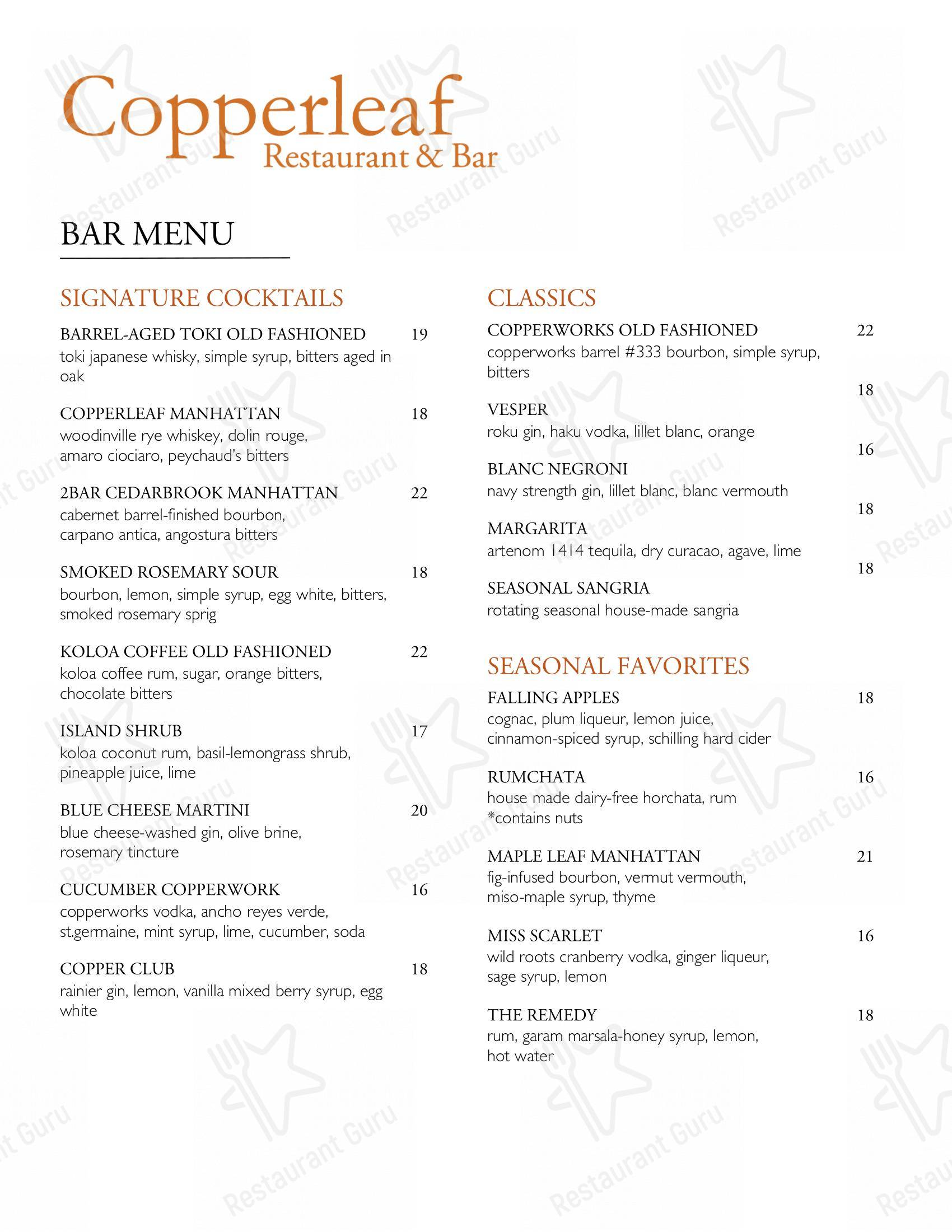 Menu at Copperleaf Restaurant & Bar, SeaTac