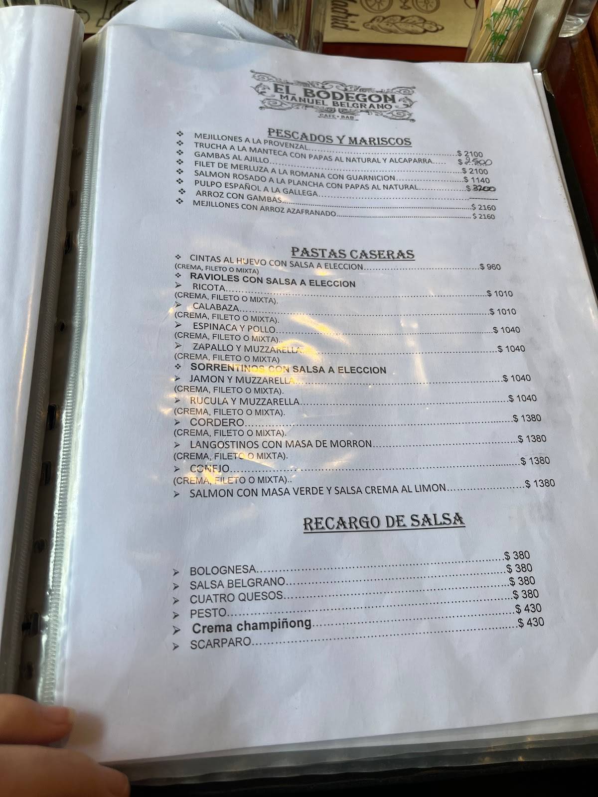 Carta del pub y bar El Bodegón Manuel Belgrano, Argentina