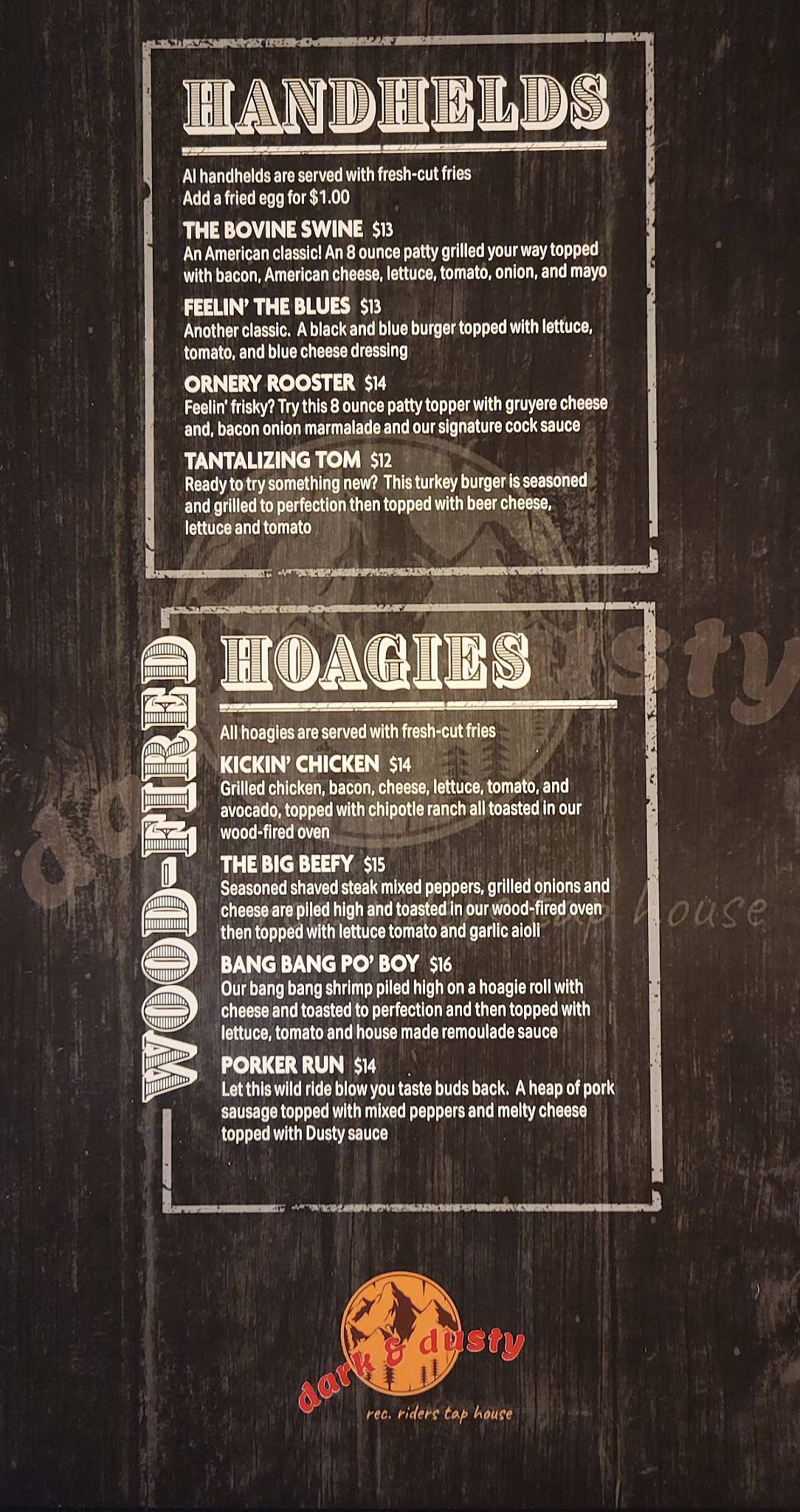 Menu at Dark and Dusty Rec Rider's Taphouse pub & bar, White Hall