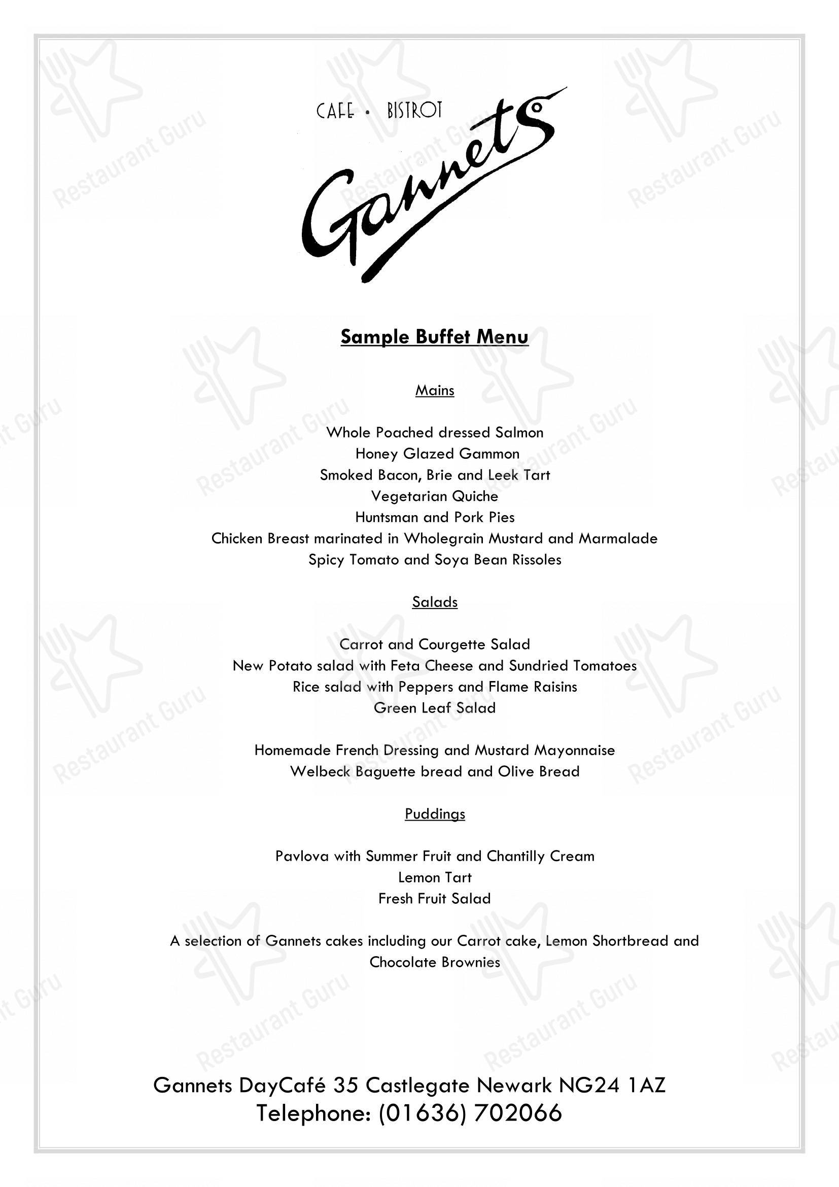 Menu at Gannets cafe, Newark-on-Trent