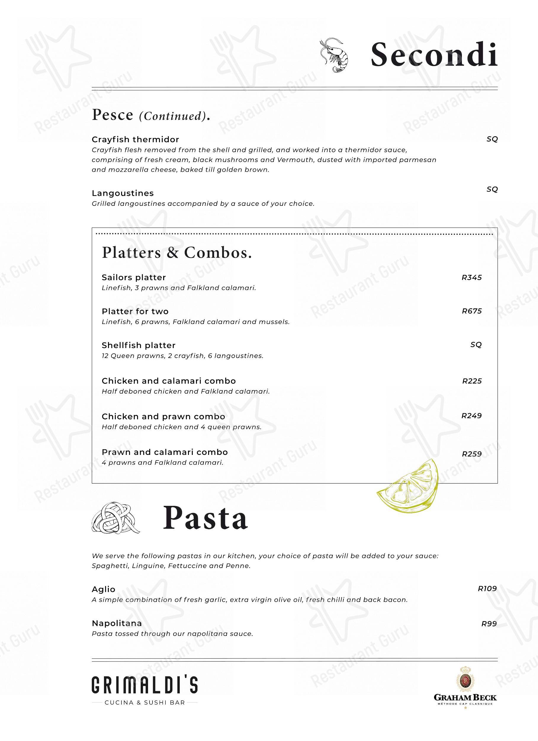 Menu at Grimaldi's restaurant, Durban