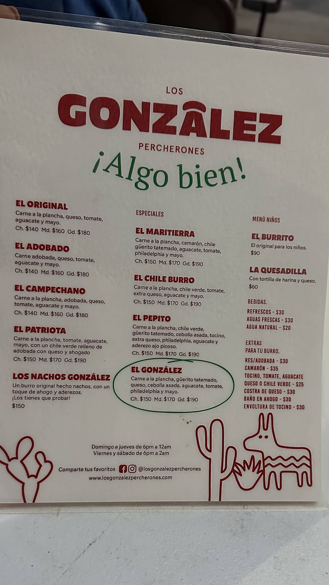 Carta del restaurante Los Gonzalez Percherones, Hermosillo