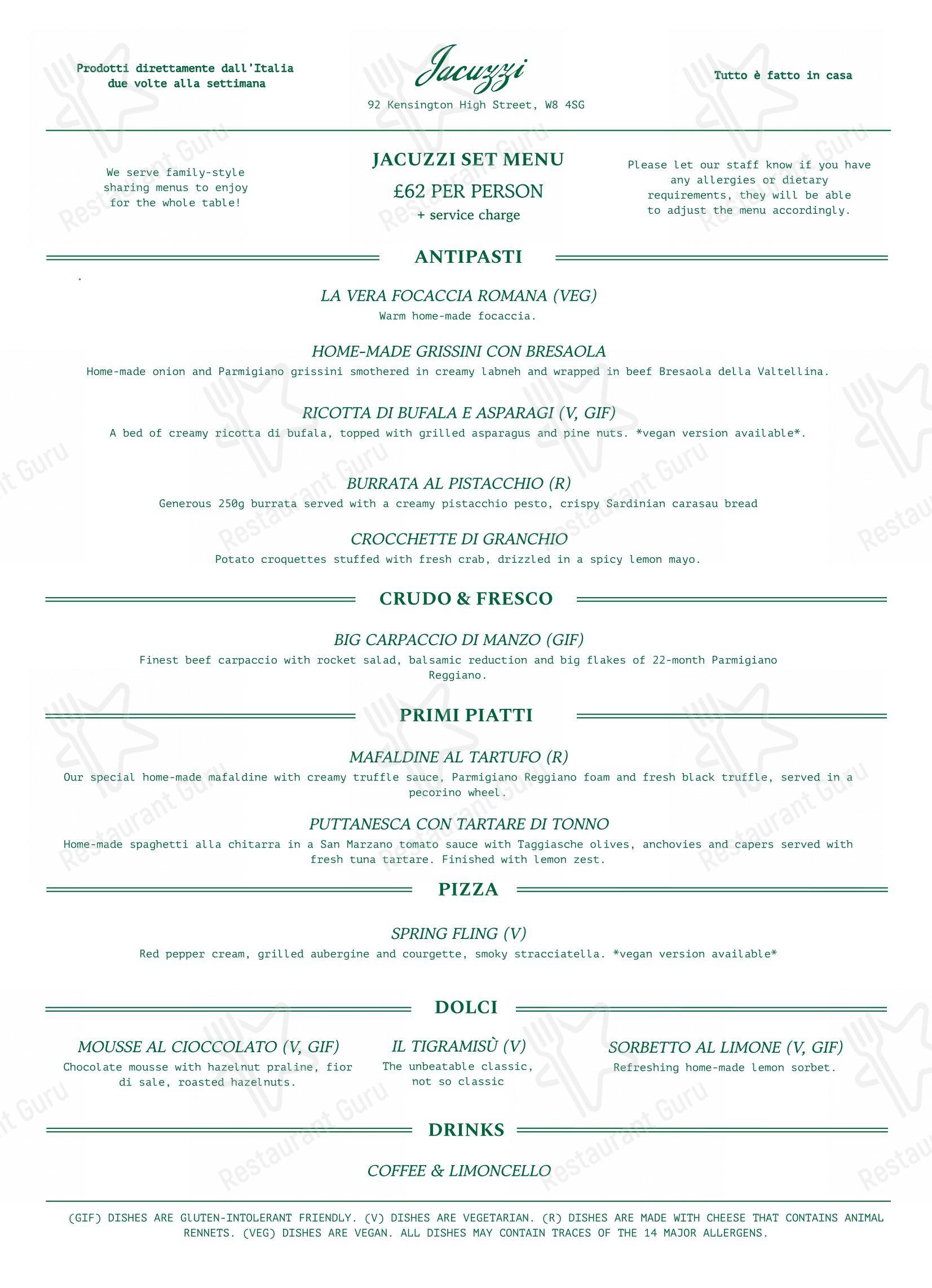 Menu at Jacuzzi restaurant, London