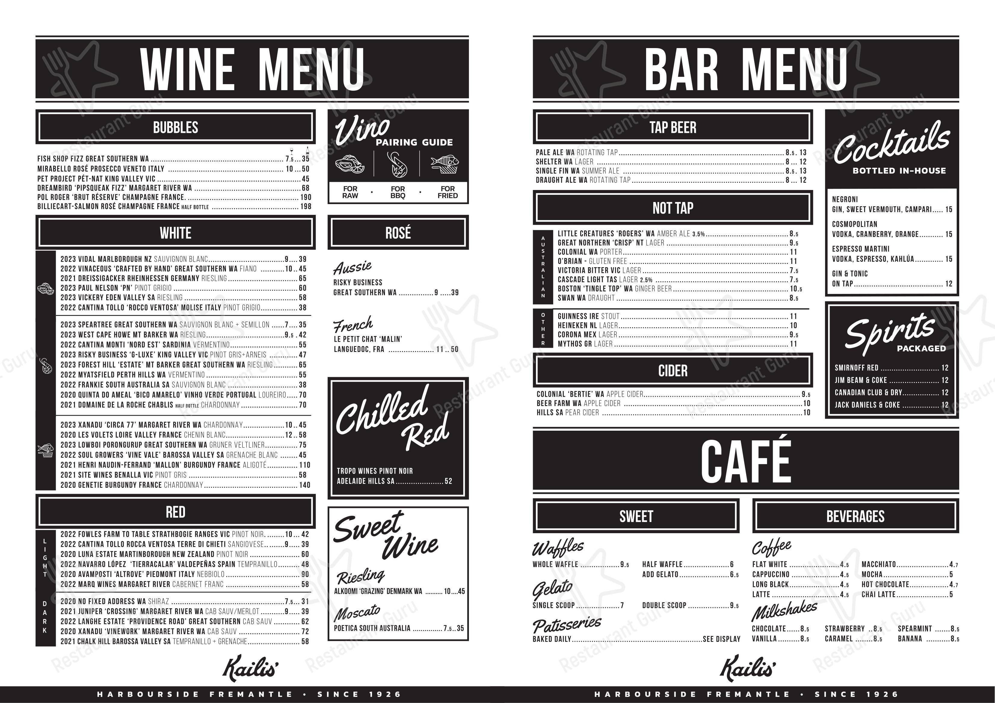 Menu at Kailis Fishmarket Cafe, Fremantle