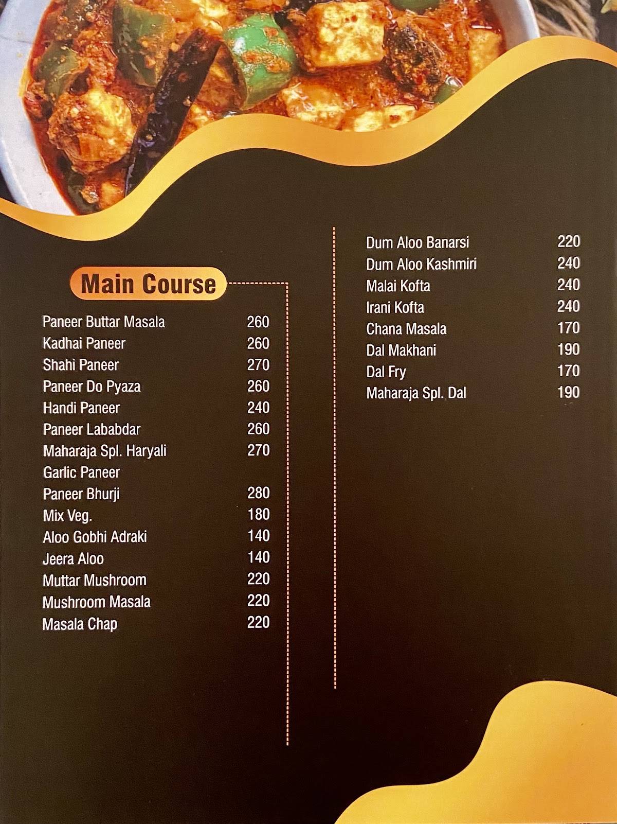 Menu at MAHARAJA THE KING OF HIGHWAY, India