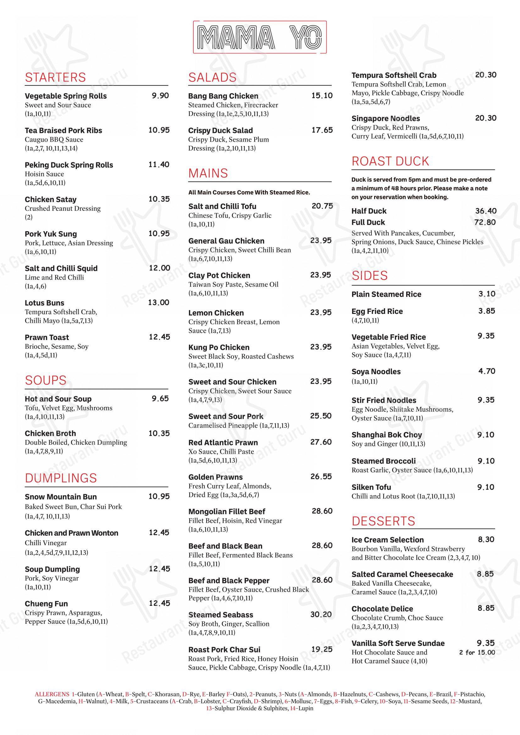 Menu at Mama Yo restaurant, Dublin