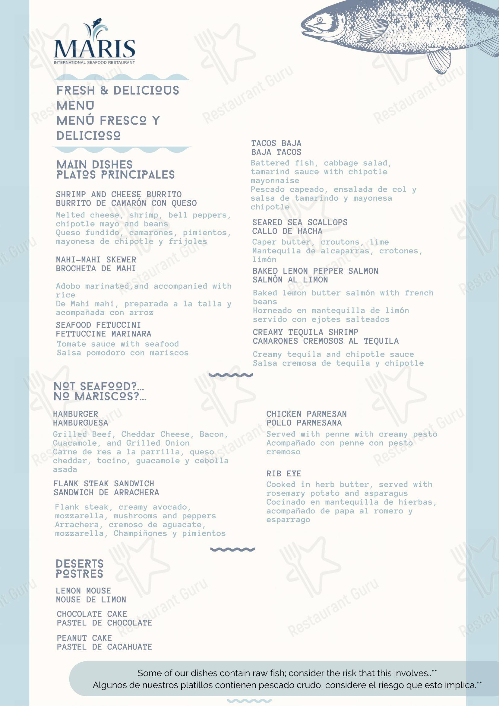 Carta del restaurante Maris, Cancún