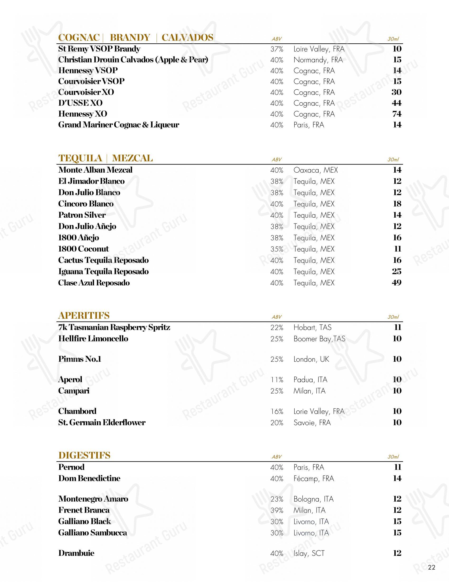 Menu at Mures Upper Deck restaurant, Hobart