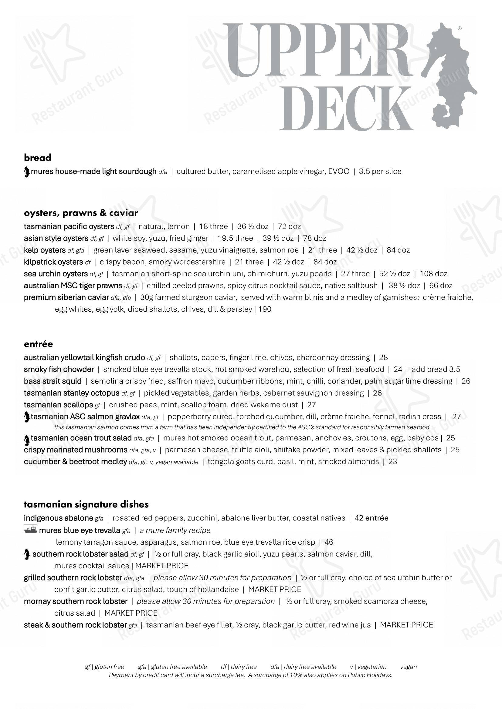 Menu at Mures Upper Deck restaurant, Hobart