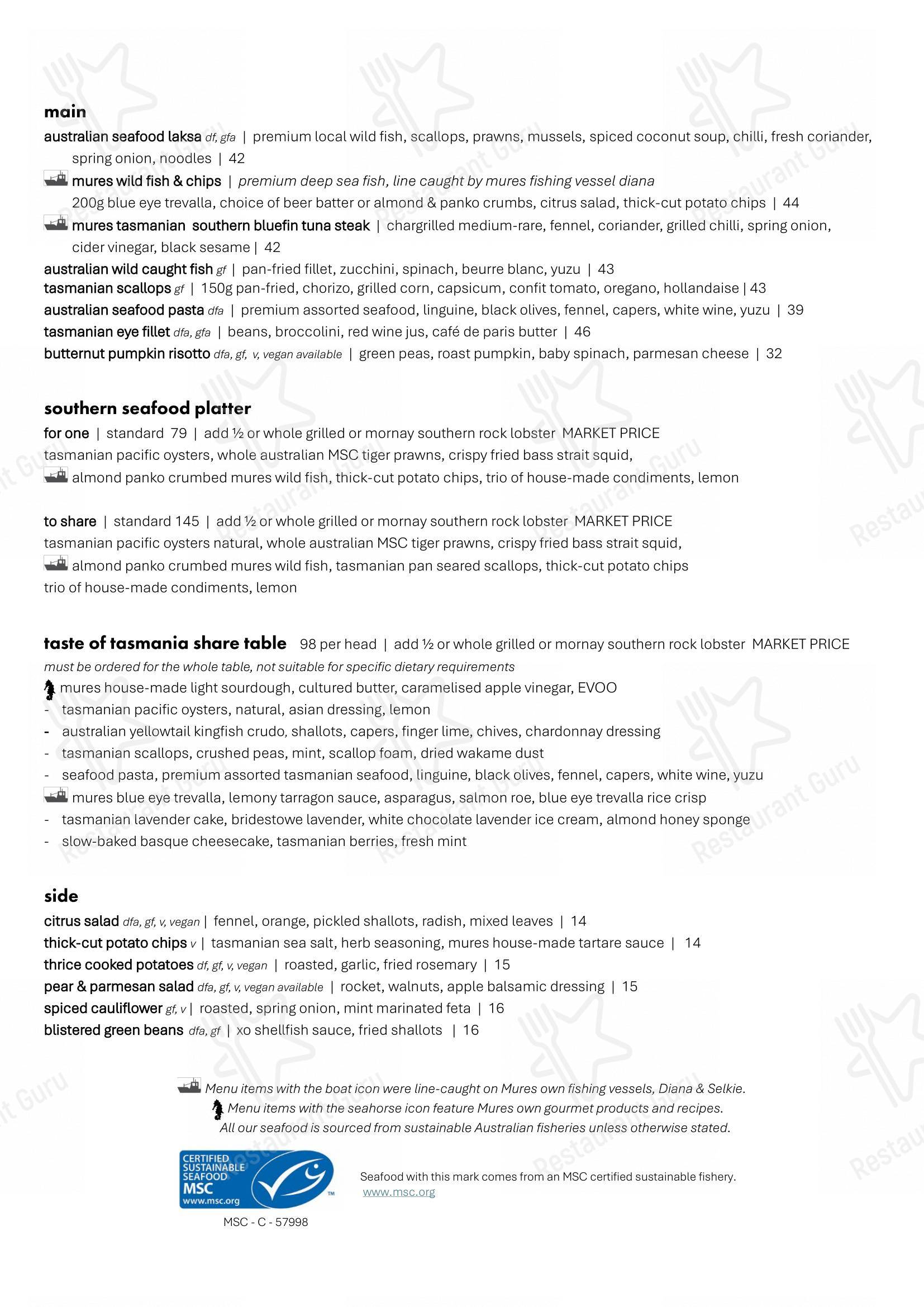 Menu at Mures Upper Deck restaurant, Hobart