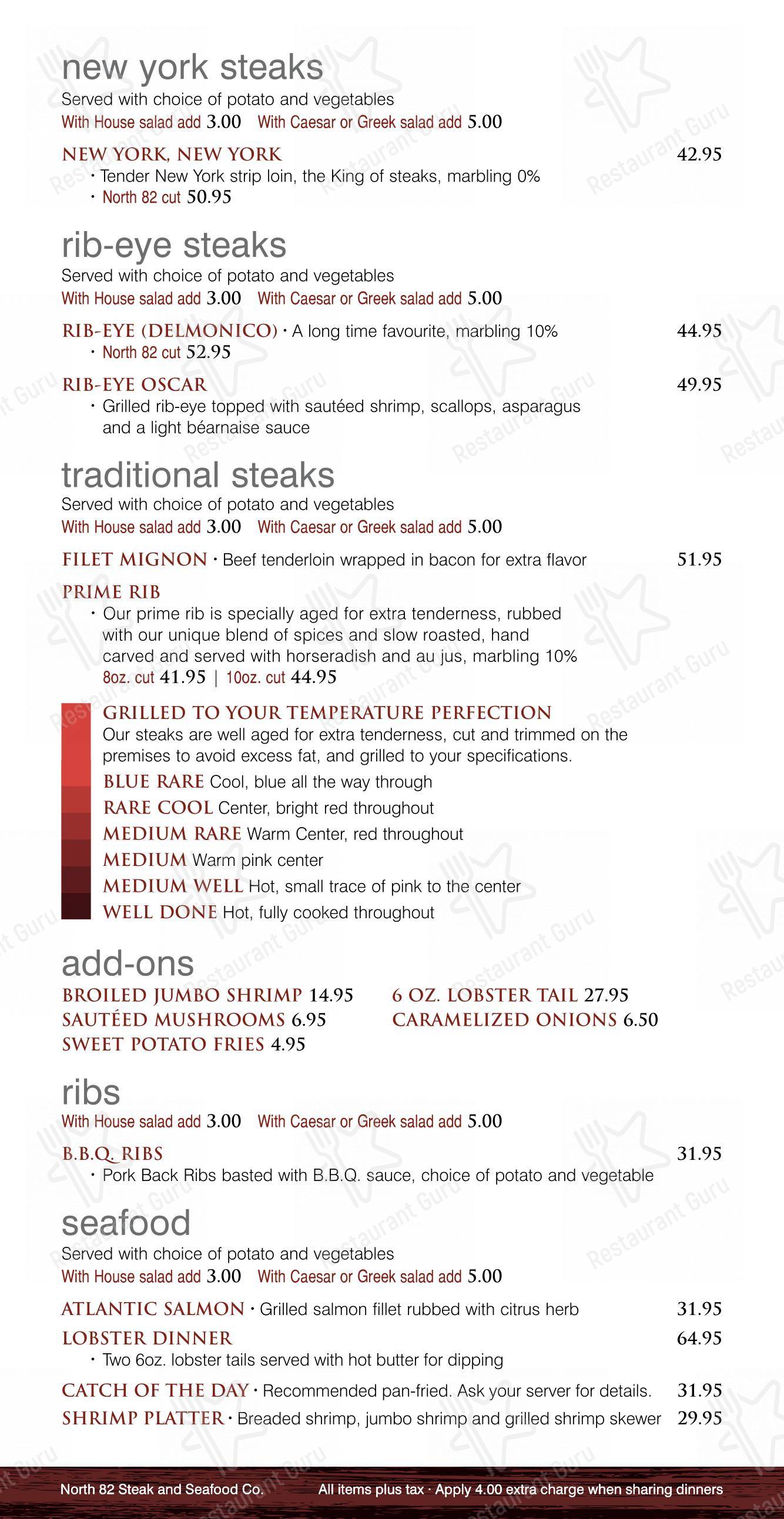 Menu at North 82 Steak & Seafood Co steakhouse, Sault Ste. Marie