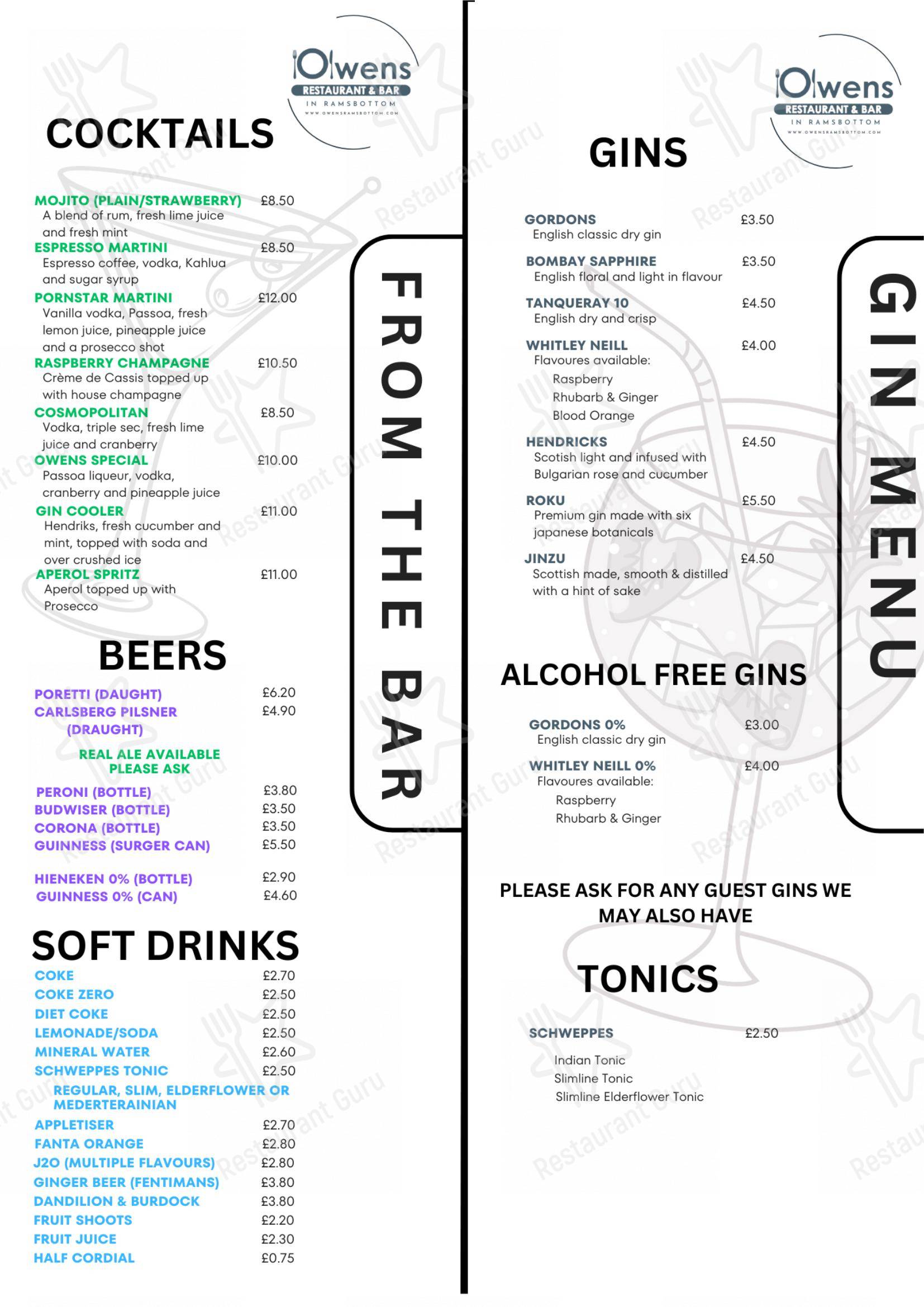 Menu at Owens restaurant, Bury