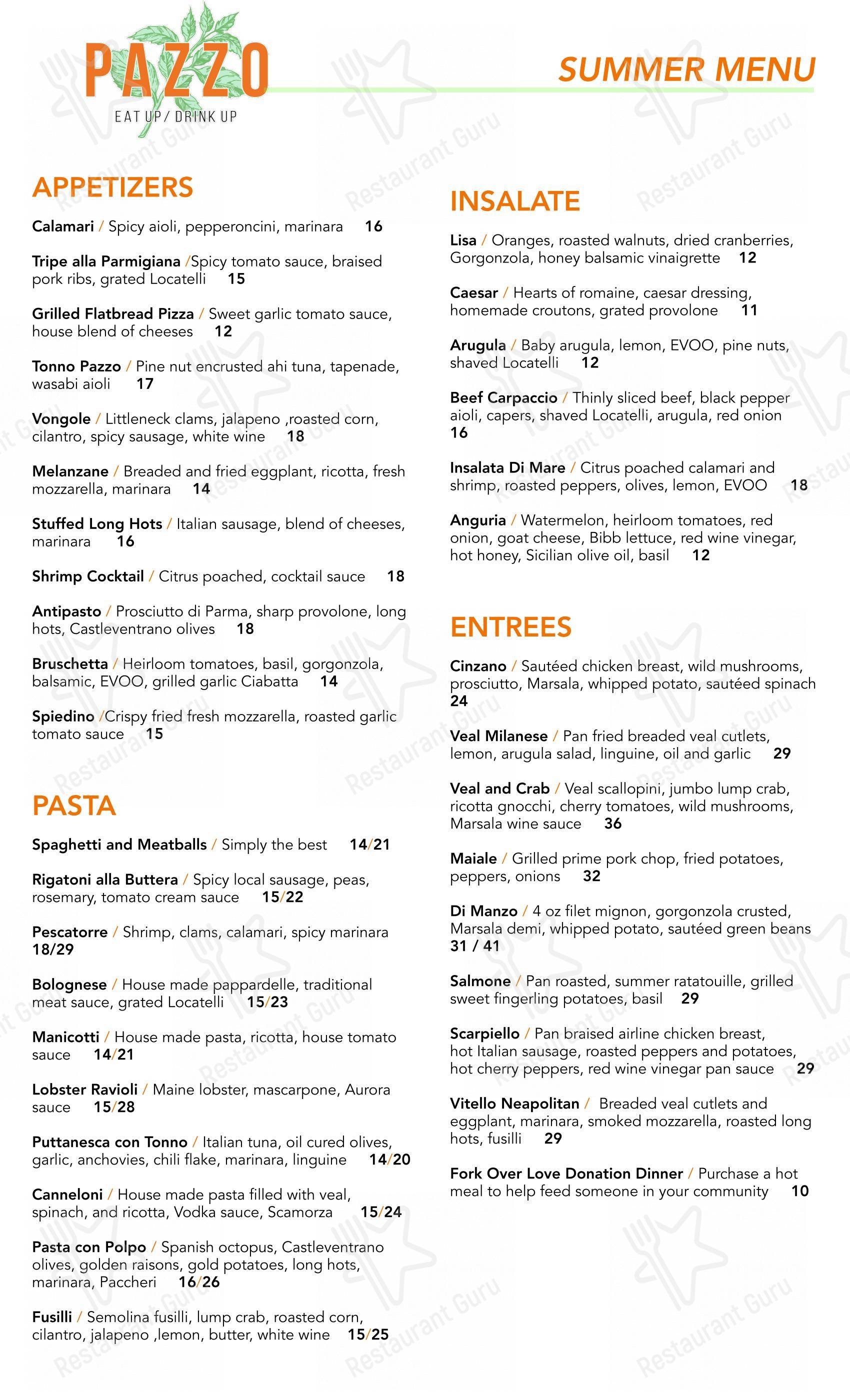 Menu at Pazzo restaurant, Pittston
