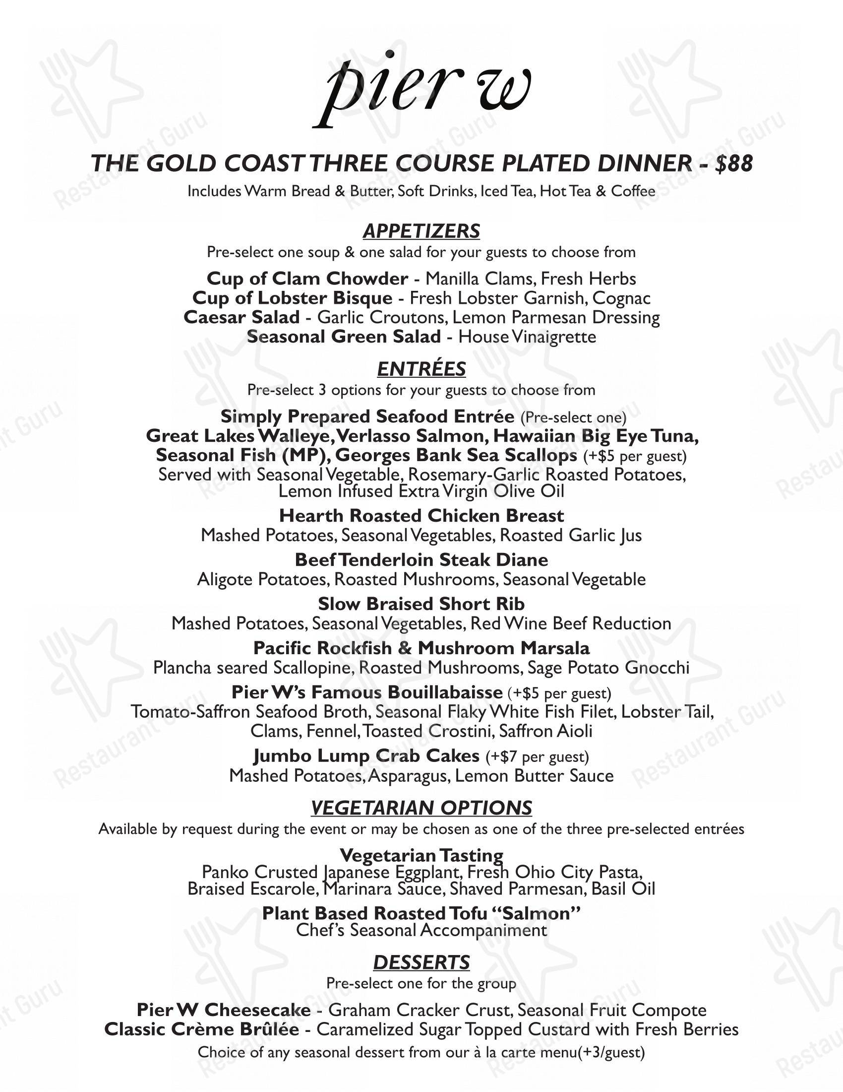 Menu at Pier W restaurant, Lakewood