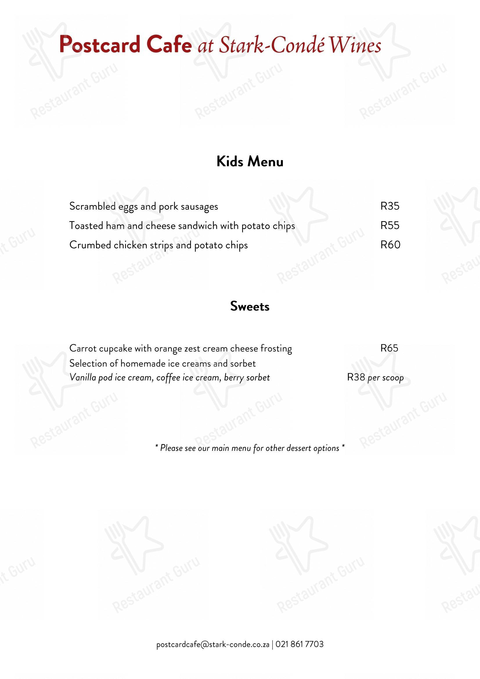 Menu at Postcard Café at Stark-Condé Wines cafe, Stellenbosch