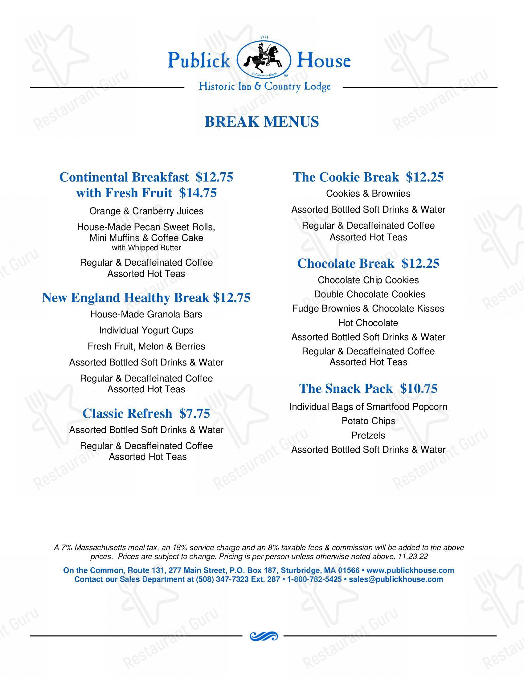 Menu at Publick House Historic Inn, Sturbridge