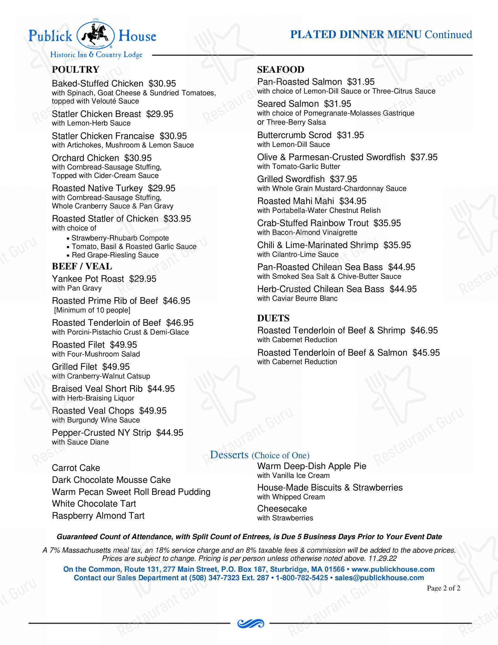 Menu at Publick House Historic Inn, Sturbridge