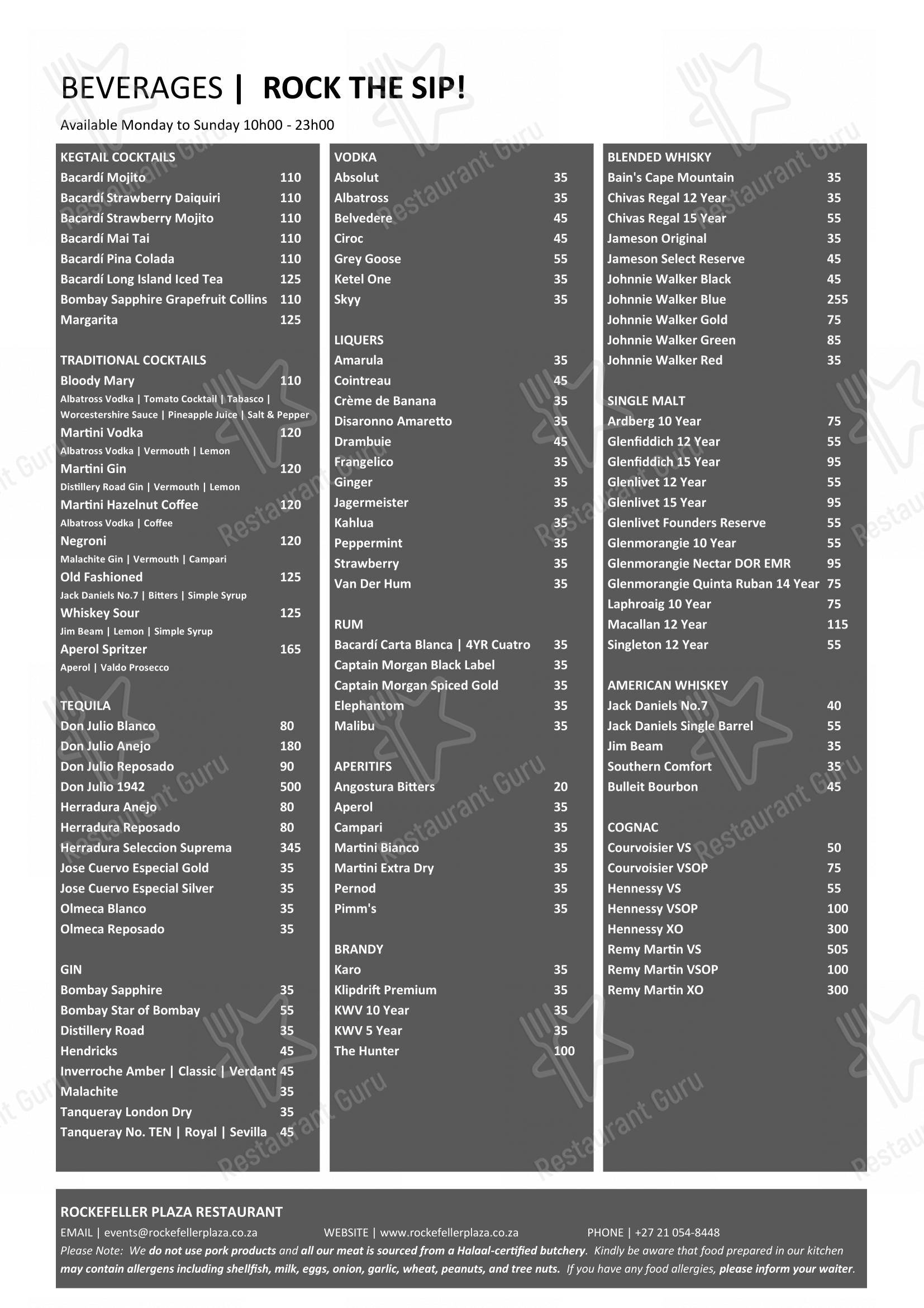 Menu at Rockefeller Hotel & Residence cafe, Cape Town