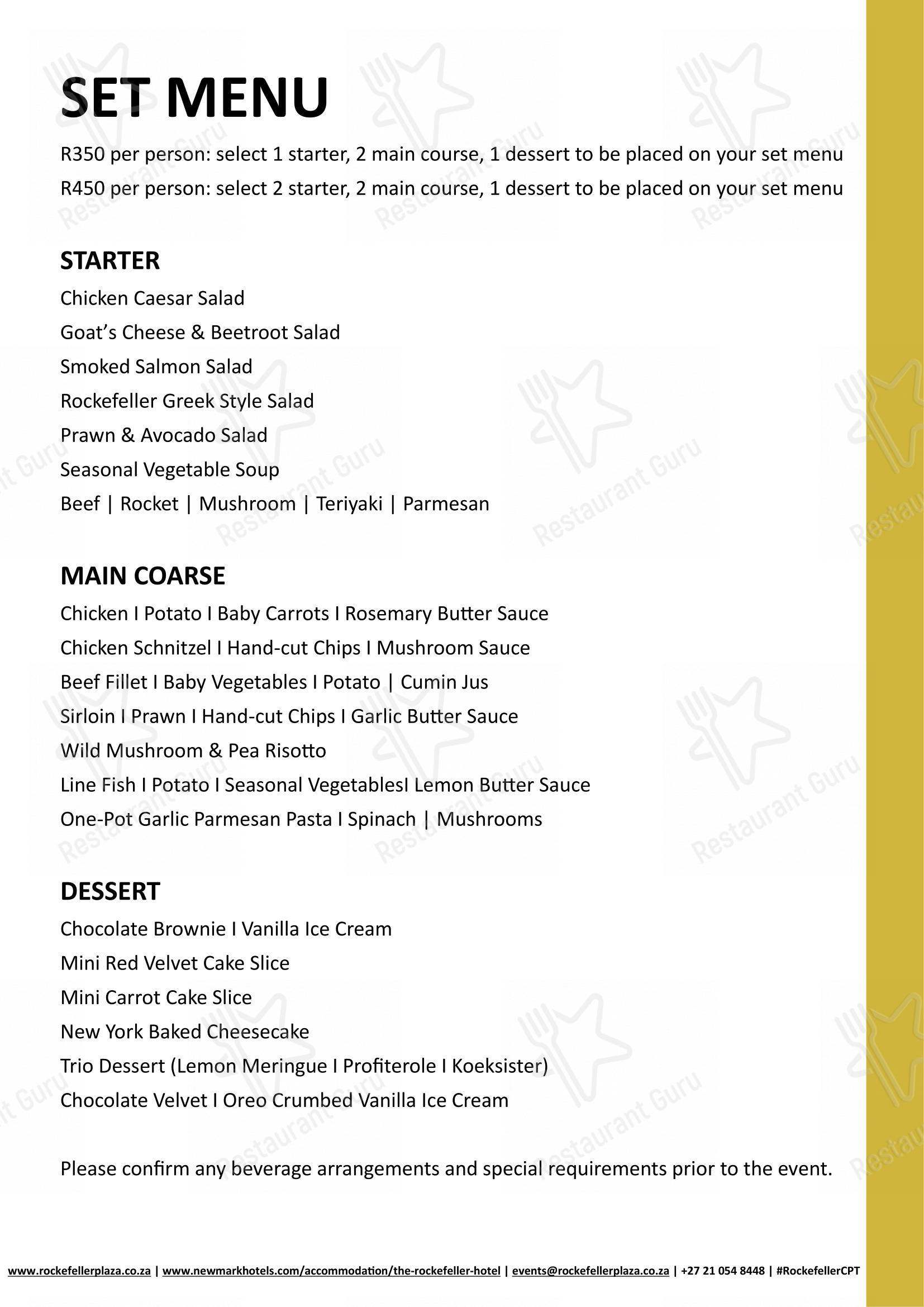 Menu at Rockefeller Hotel & Residence cafe, Cape Town
