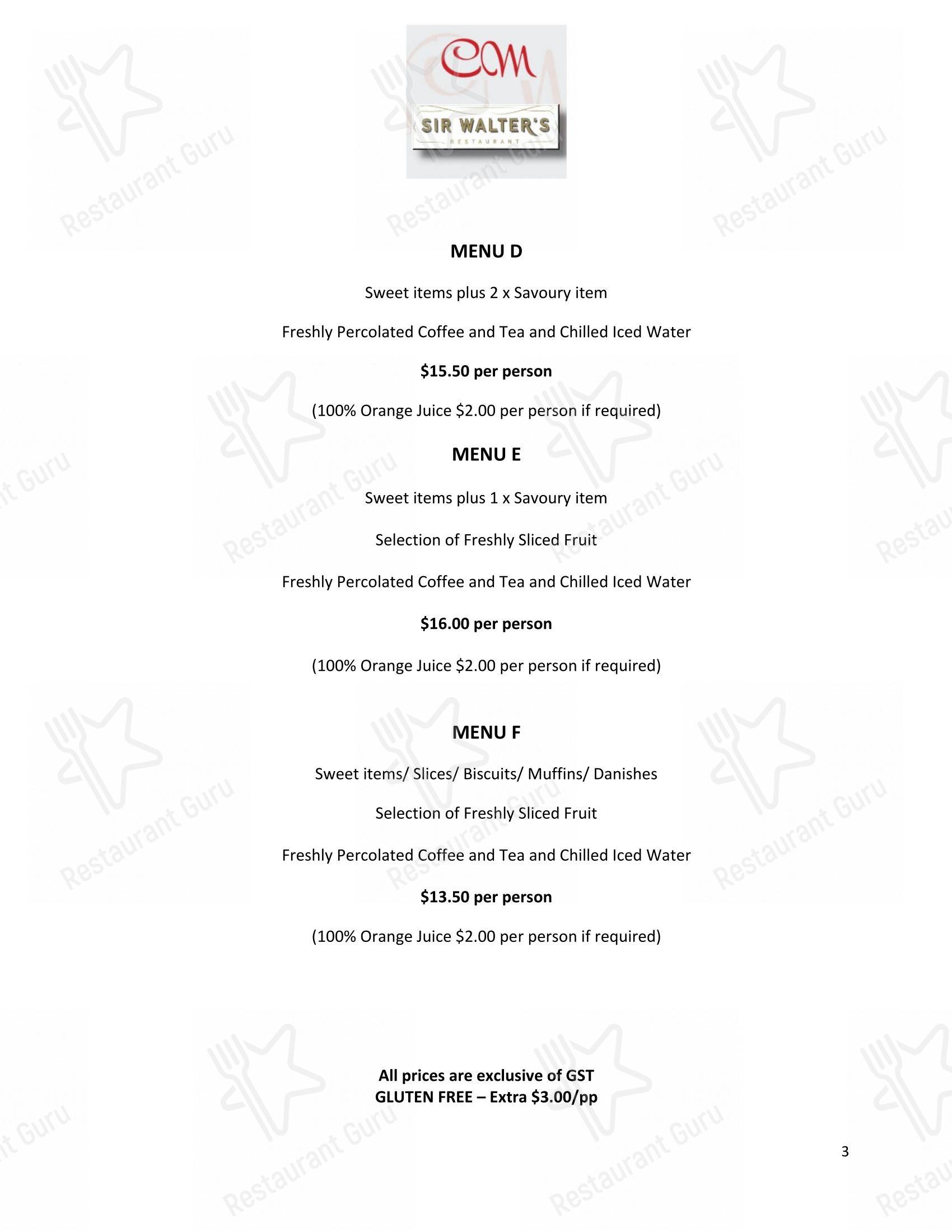 Menu at Sir Walter's Restaurant, Murdoch