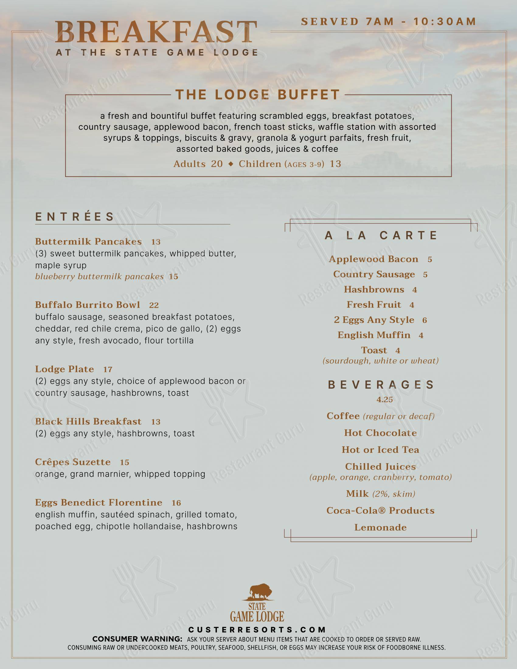 Menu at State Game Lodge Restaurant Custer State Park, USA