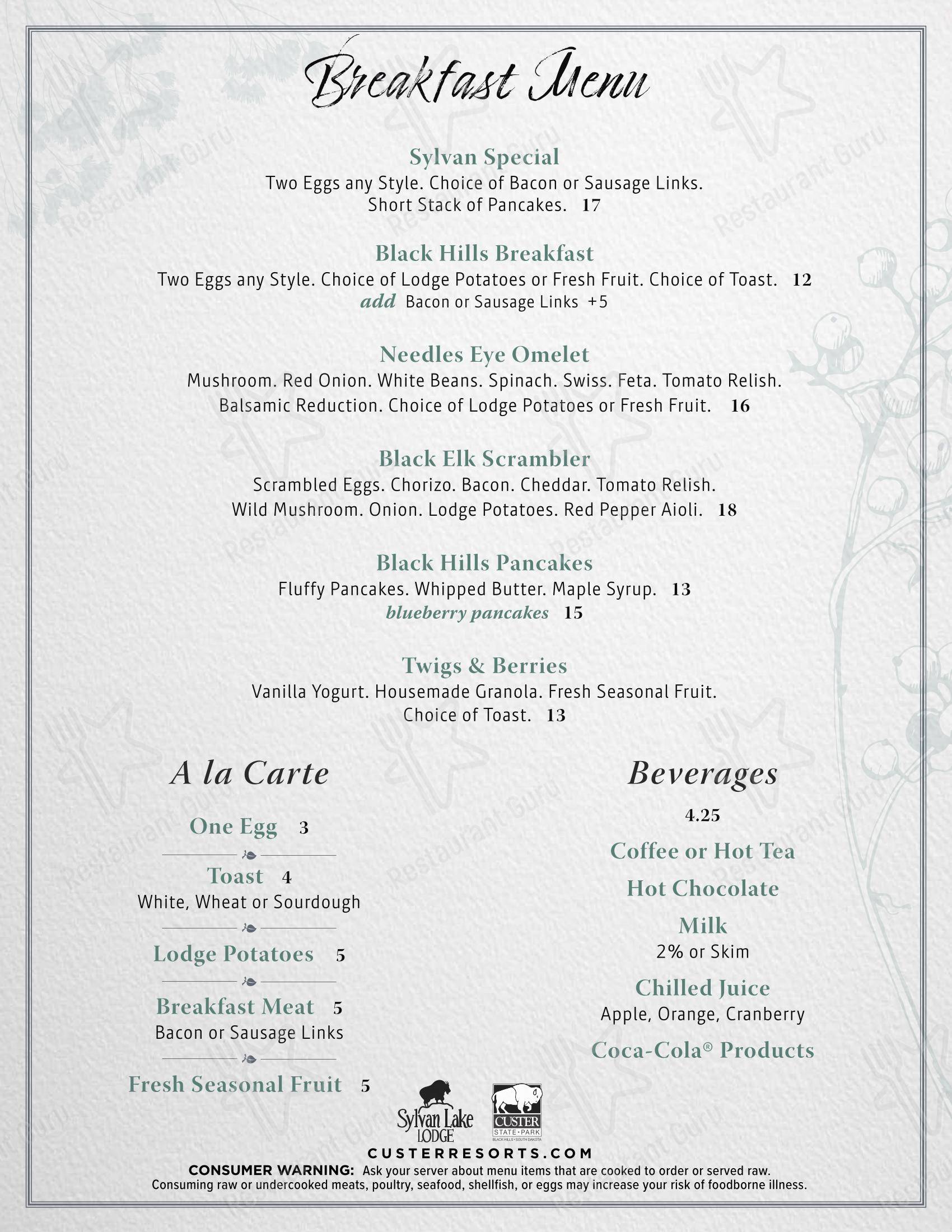 Menu at State Game Lodge Restaurant Custer State Park, USA