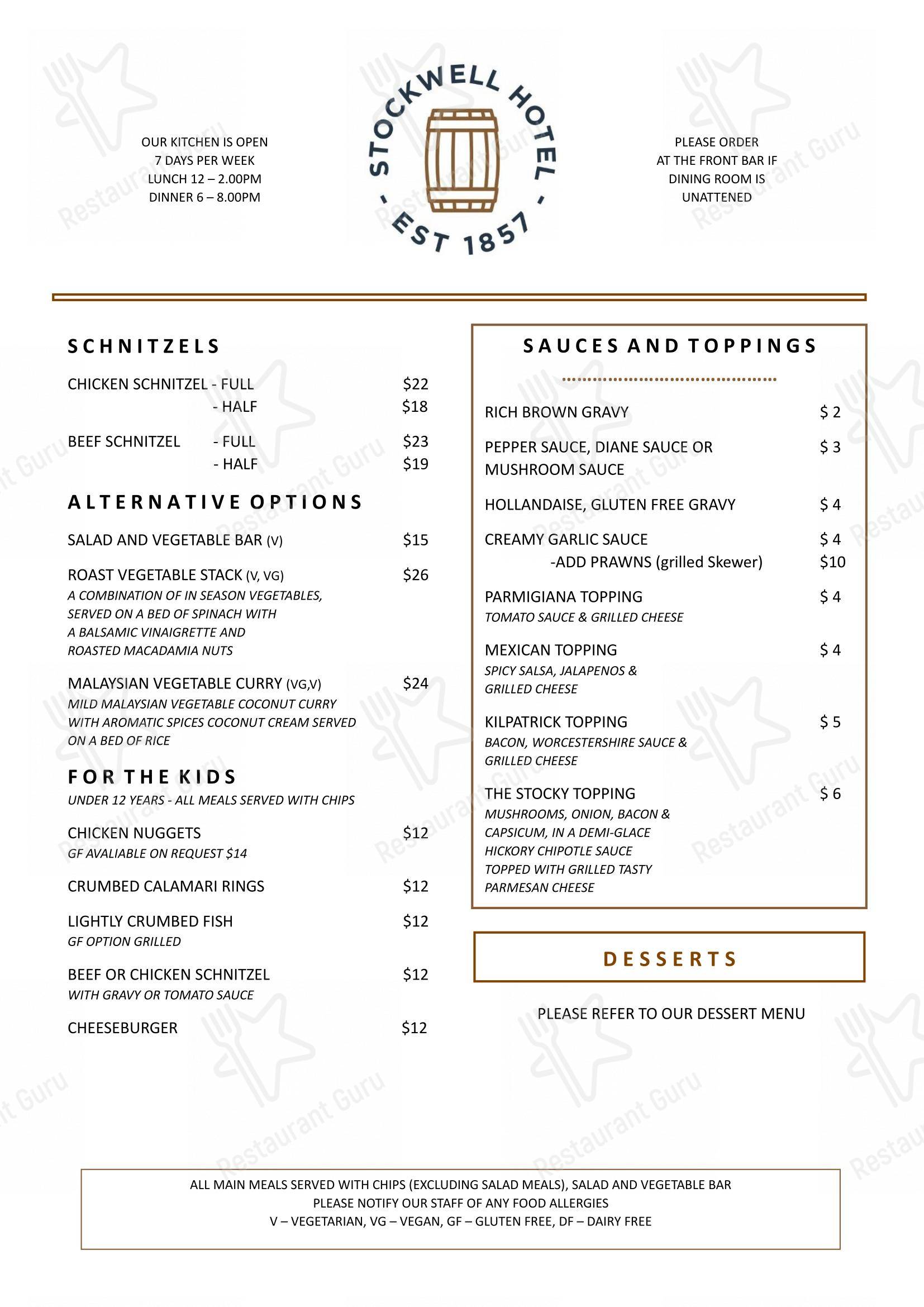 Menu at Stockwell Hotel pub & bar, Stockwell