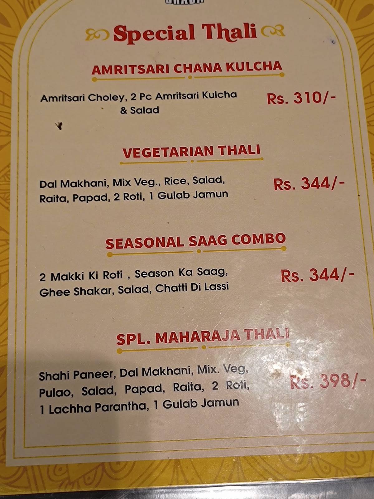 Menu at THE GREAT KHALI DHABA, India