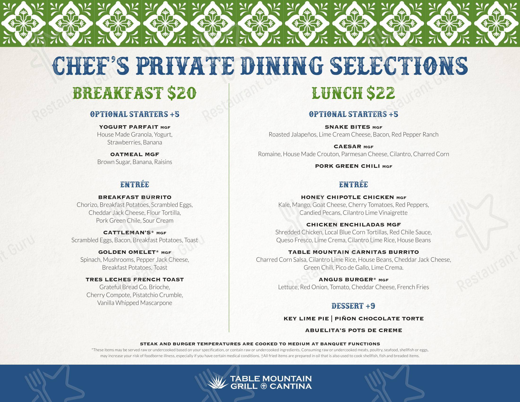 Menu at Table Mountain Grill & Cantina restaurant, Golden