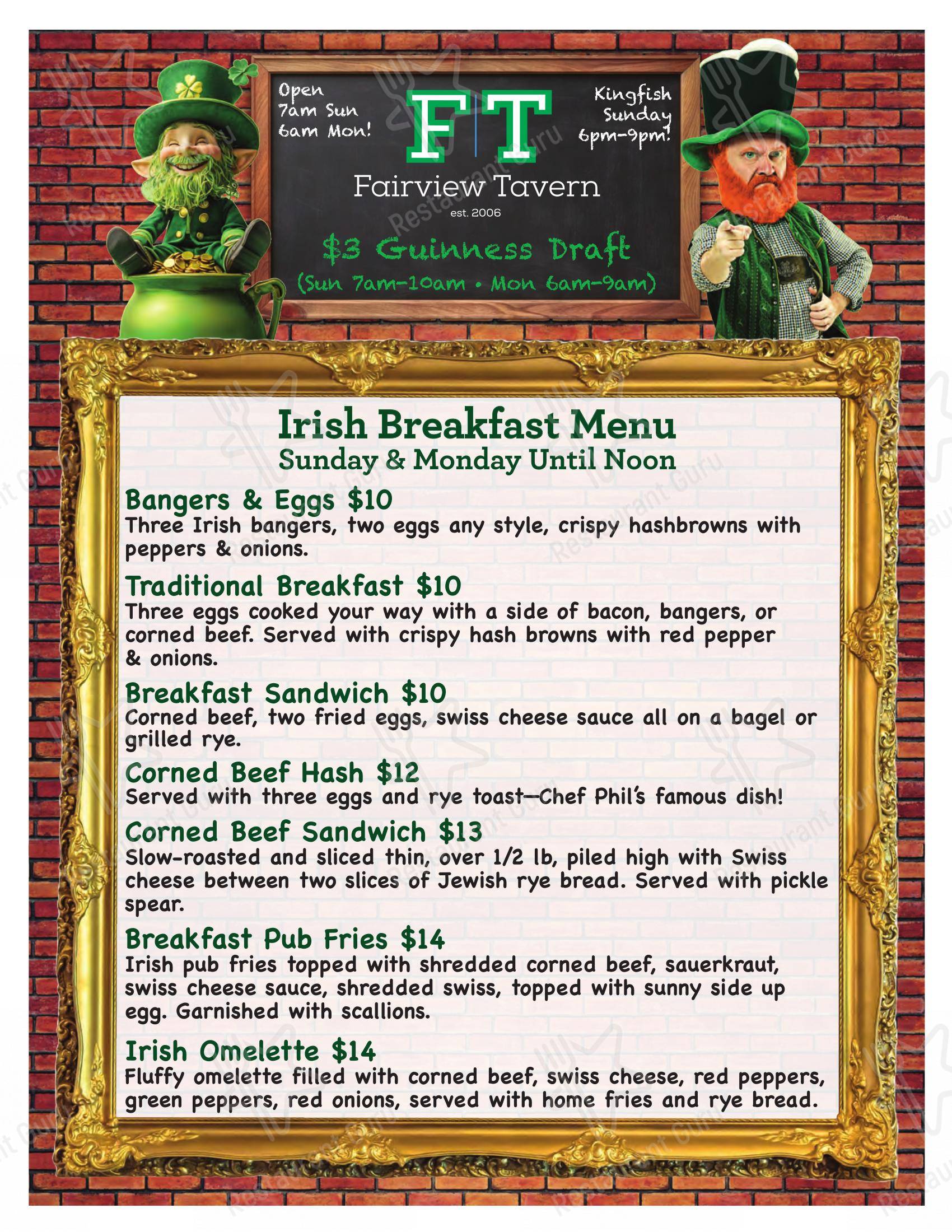 Menu at The Fairview Tavern pub & bar, Cleveland, Lorain Rd