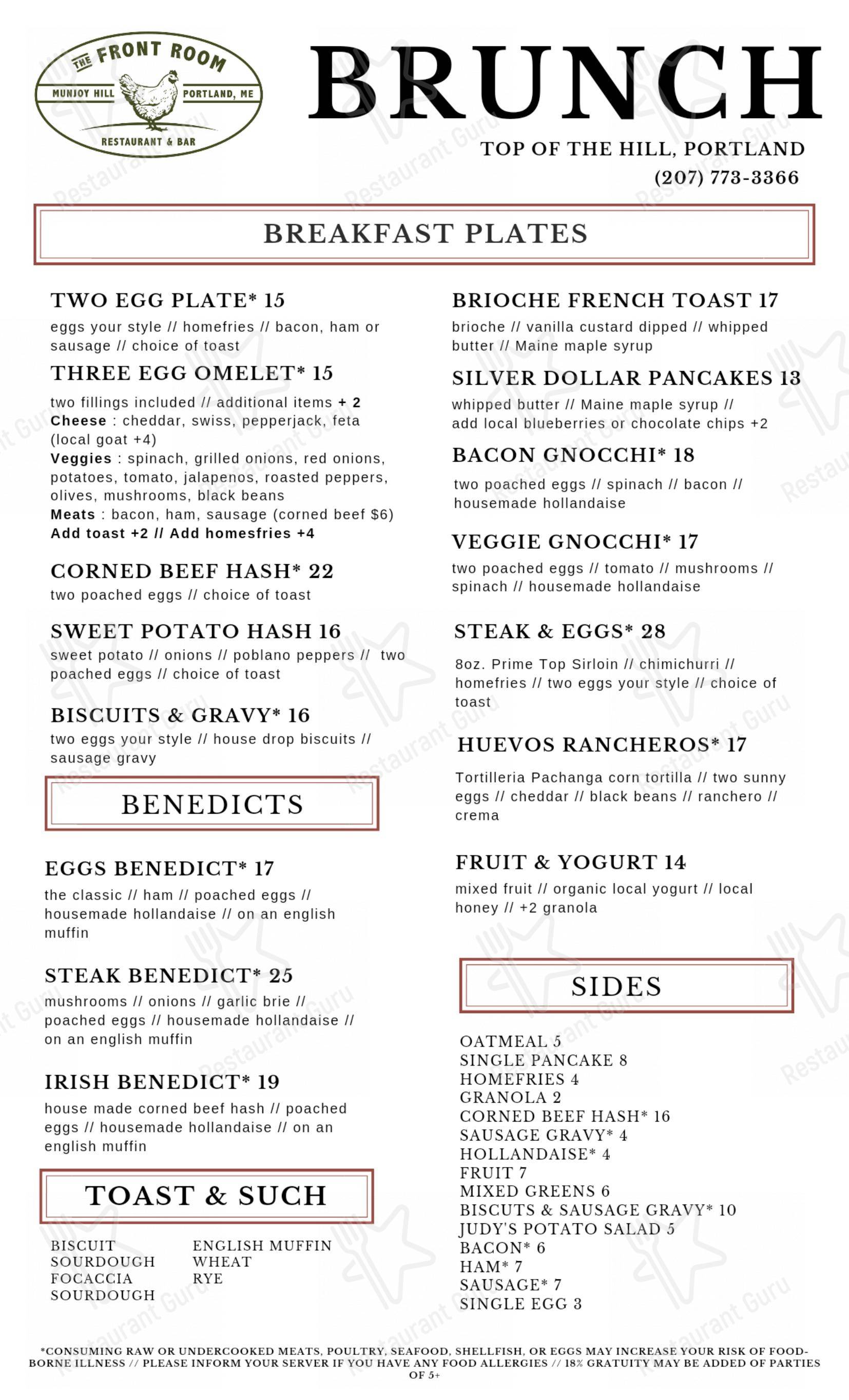 Menu at The Front Room restaurant, Portland