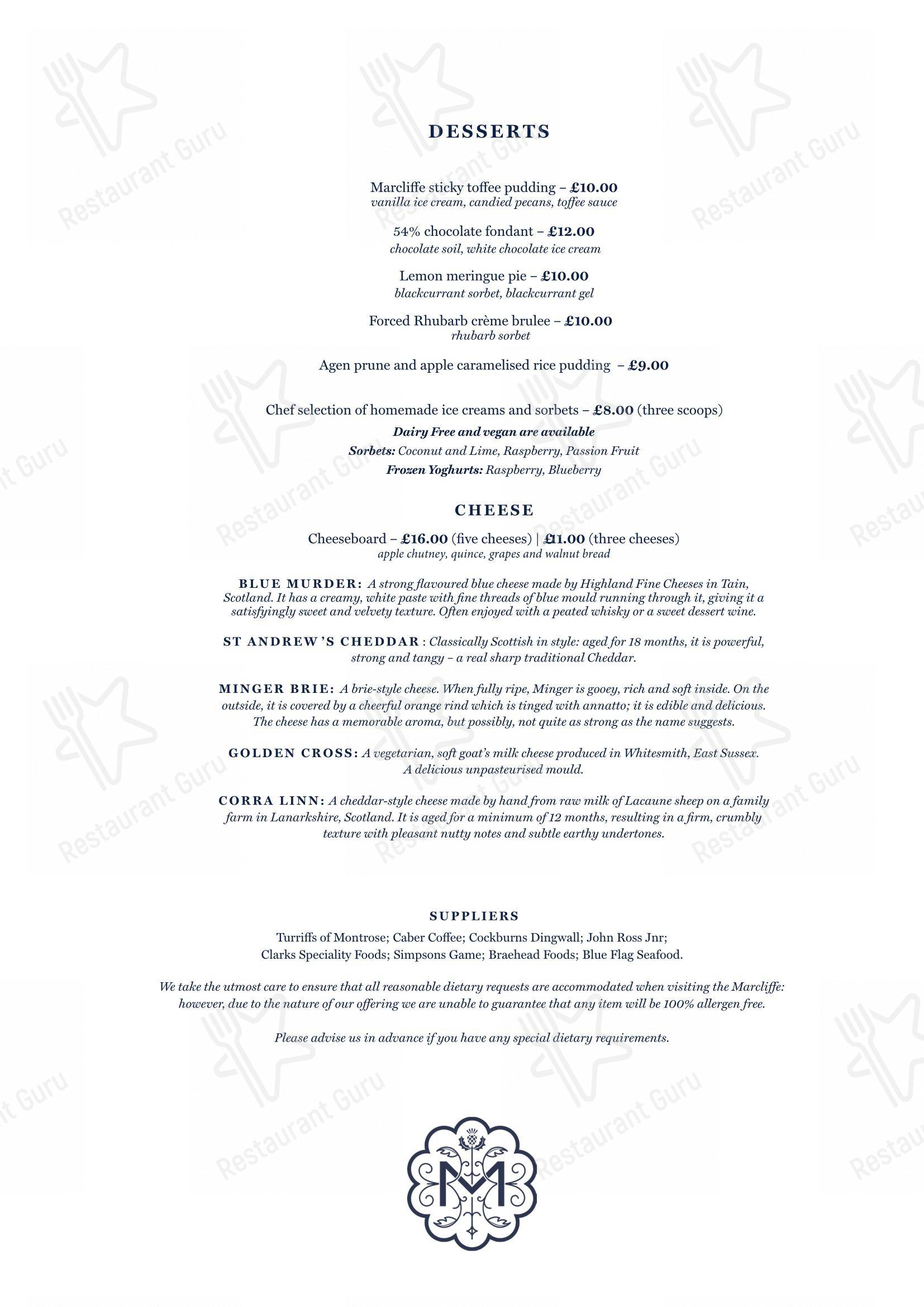 Menu at Marcliffe restaurant, Aberdeen