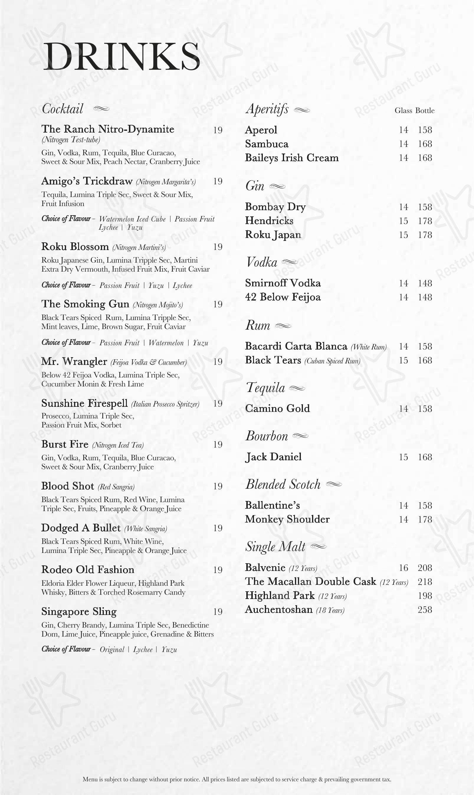 Menu at The Ranch steakhouse, Singapore