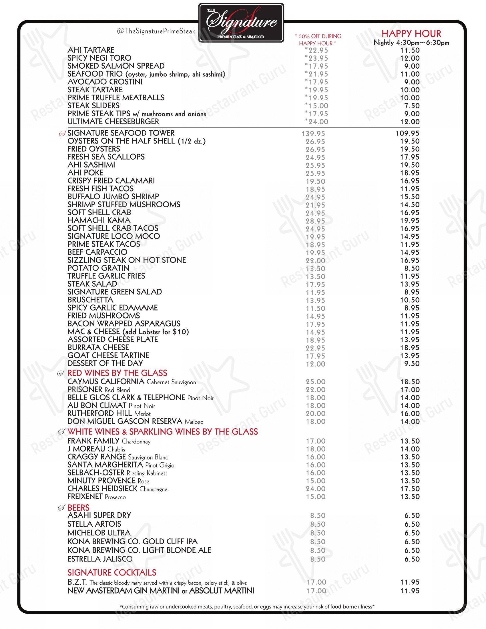 Menu at The Signature Prime Steak & Seafood steakhouse, Honolulu