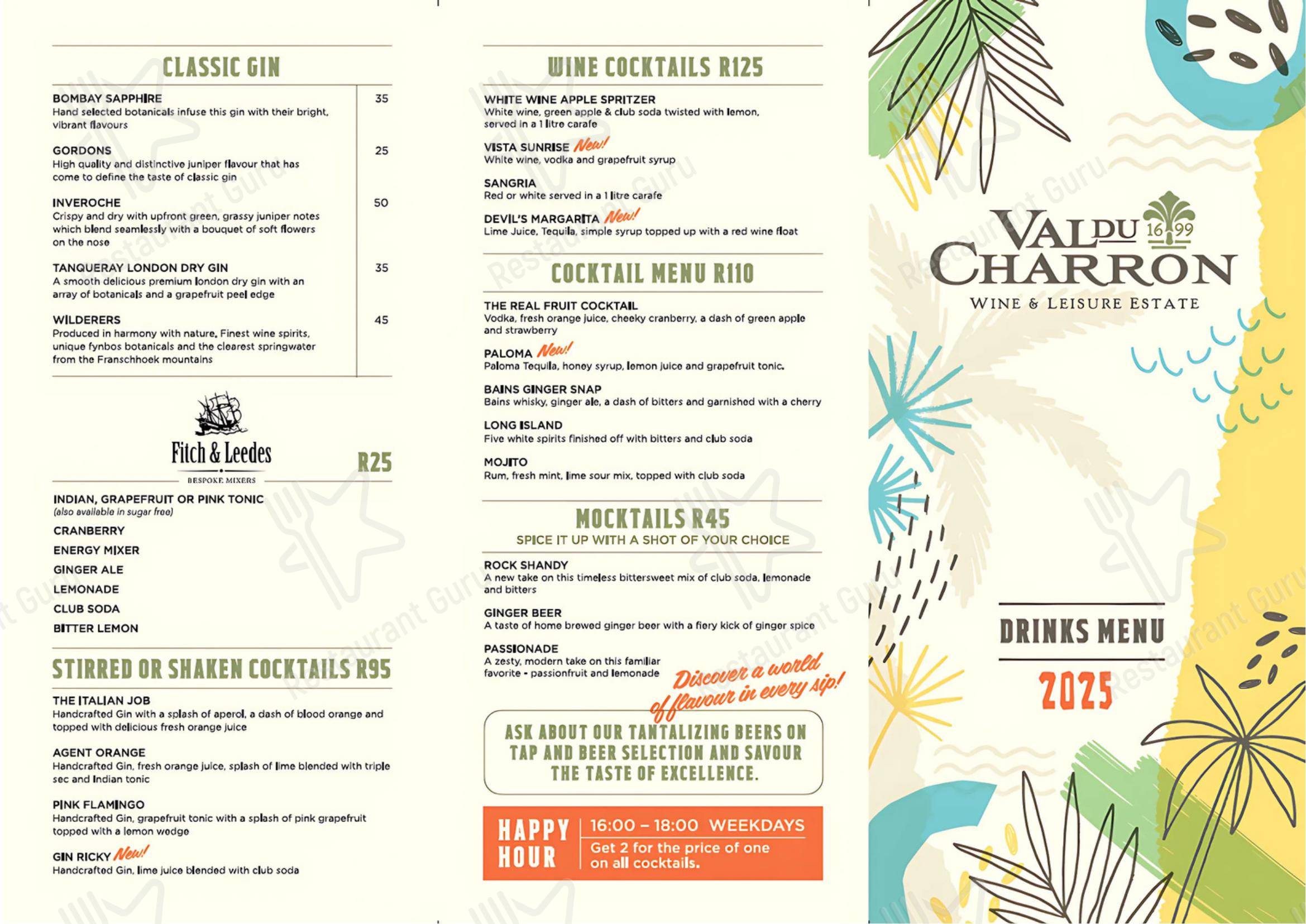 Menu bij Val Du Charron Wine and Leisure Estate steakhouse, Wellington
