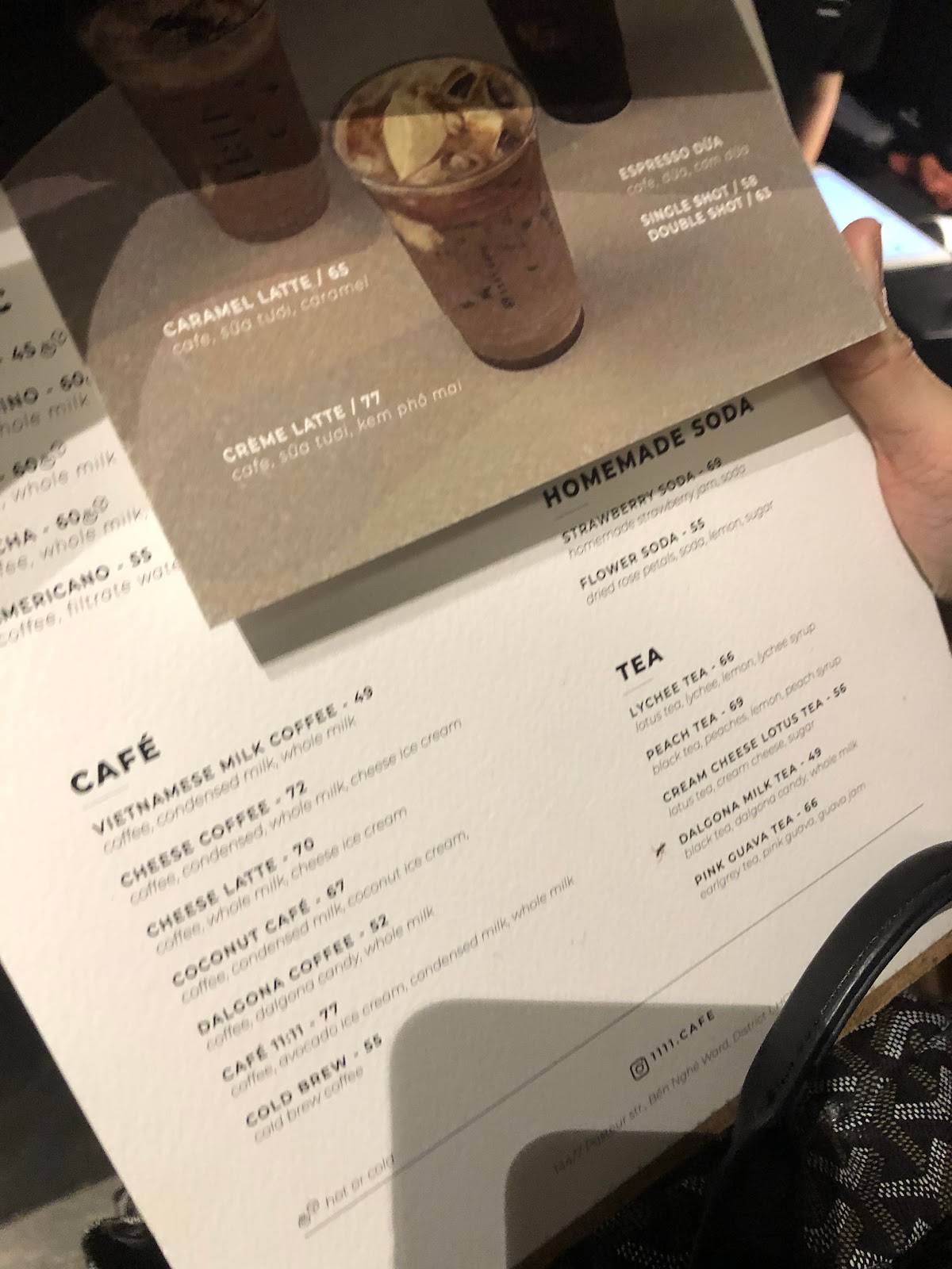 Menu at 11:11 cafe, Ho Chi Minh City, 144/7 Pasteur