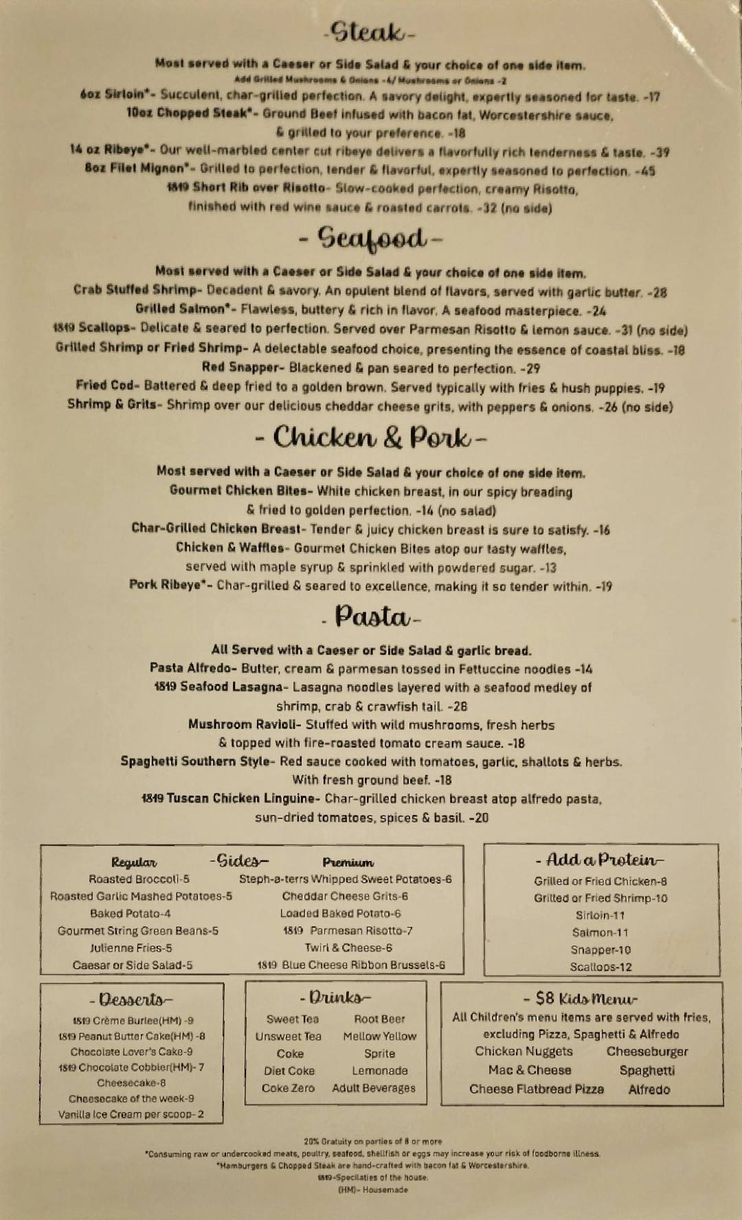 Menu at 1819 The Restaurant, Lawrenceburg