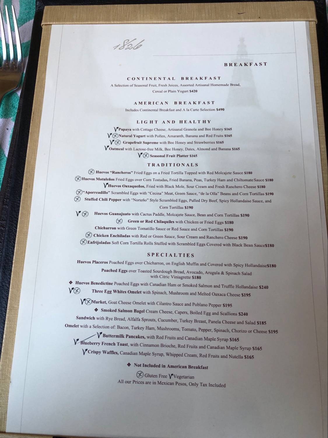 Menu at 1826 Restaurant, San Miguel de Allende