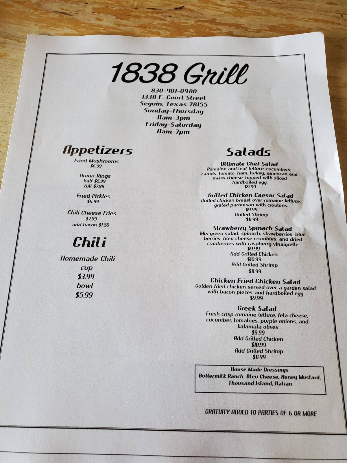 Menu at 1838 Grill restaurant, Seguin
