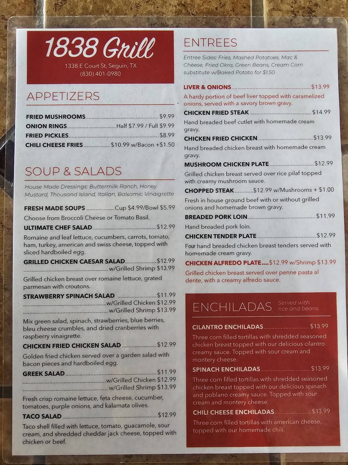 Menu at 1838 Grill restaurant, Seguin
