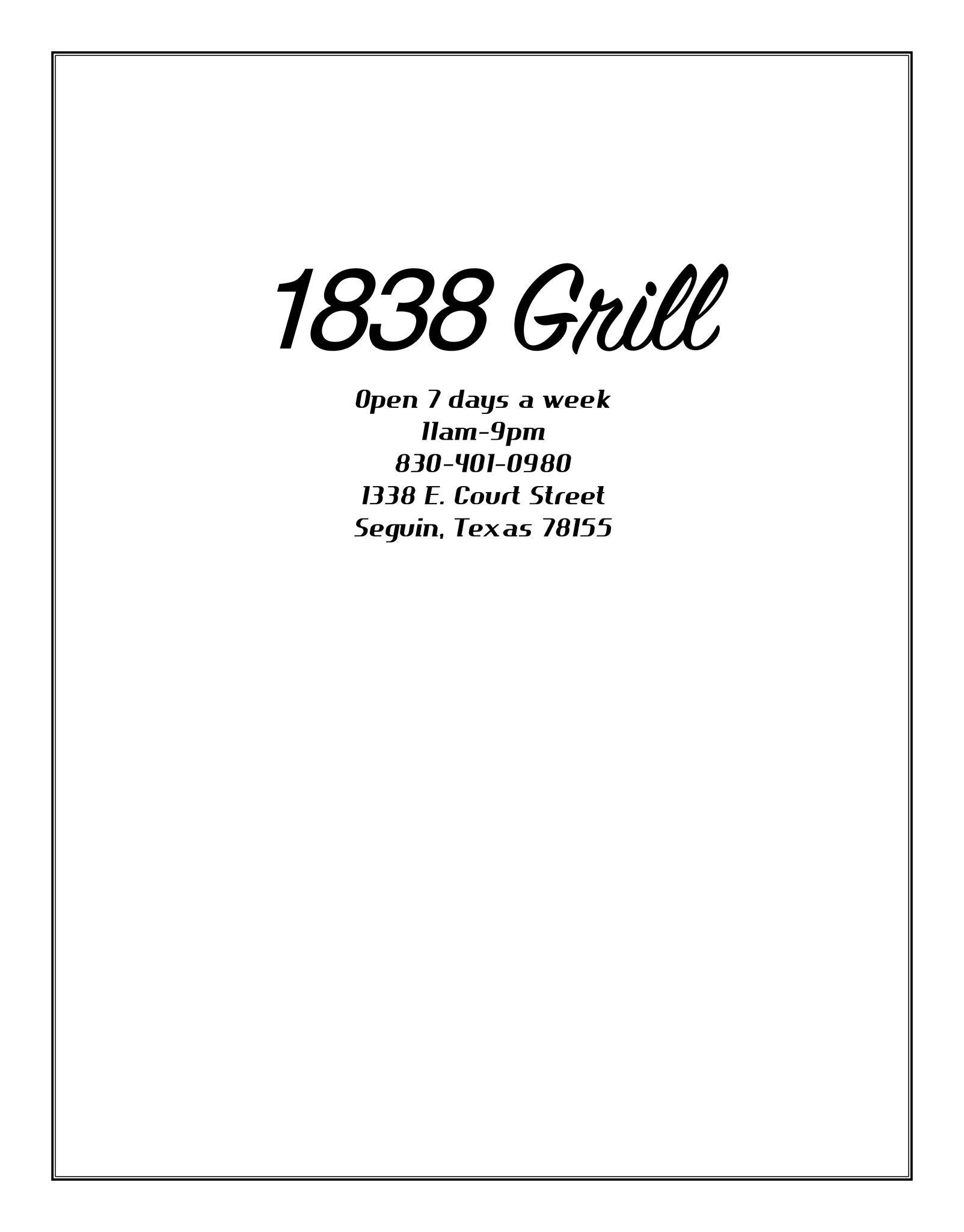 Menu at 1838 Grill restaurant, Seguin