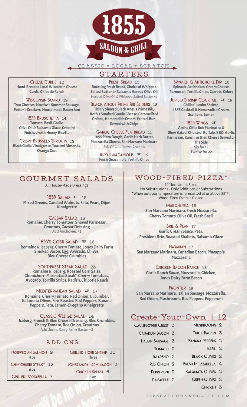 Menu at 1855 Saloon and Grill pub & bar, Cottage Grove