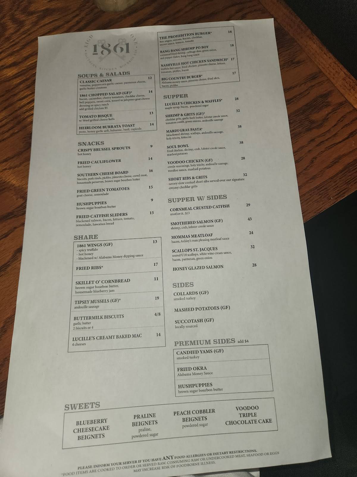 Menu at 1861 Southern Kitchen Bourbon Bar, Middletown
