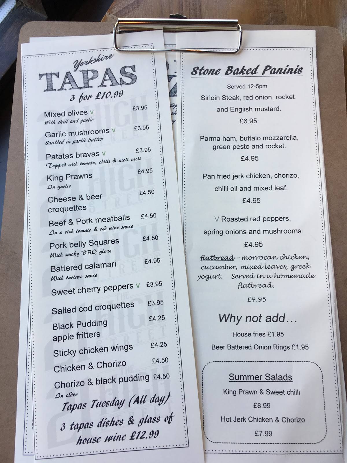 Menu at 21 The High Street Tadcaster pub & bar, Tadcaster