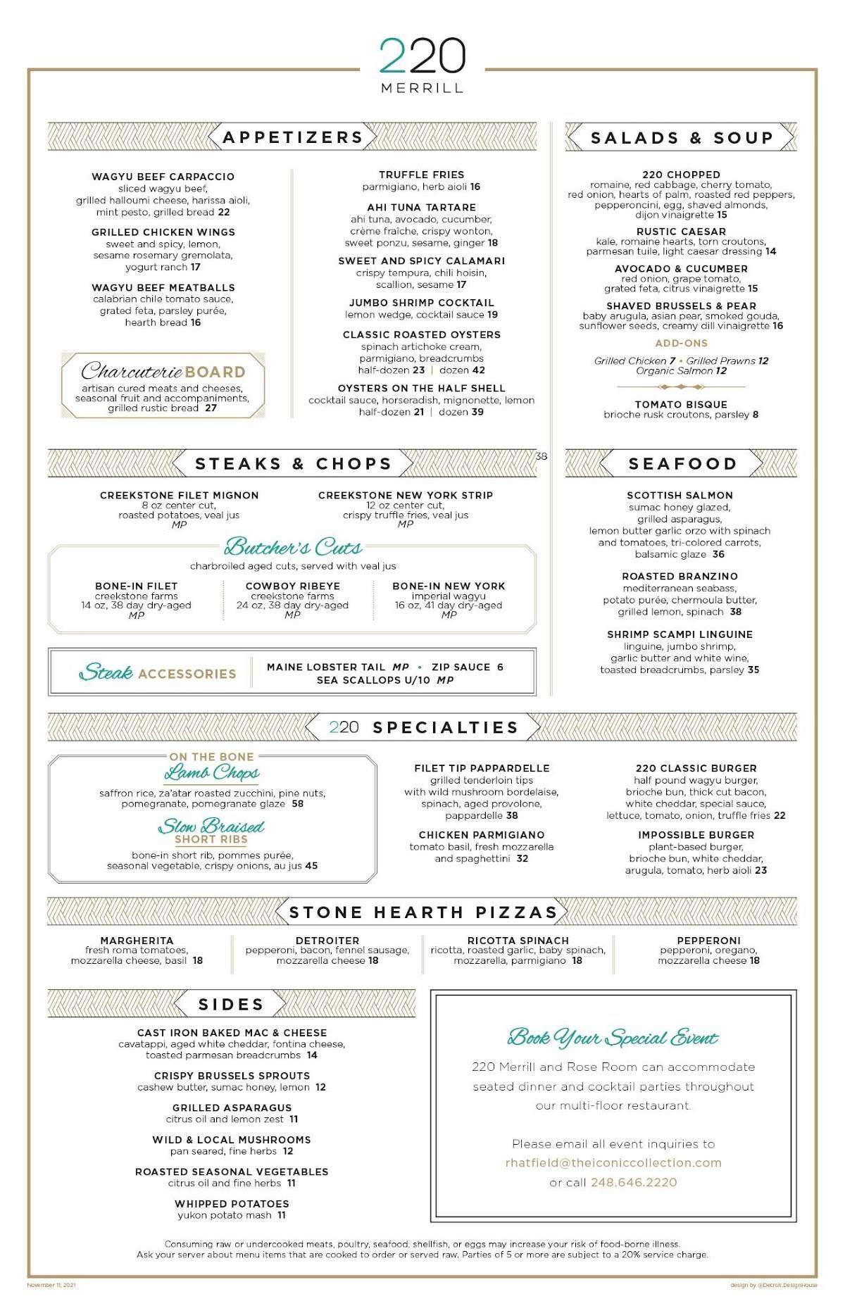 Menu at 220 Merrill restaurant, Birmingham