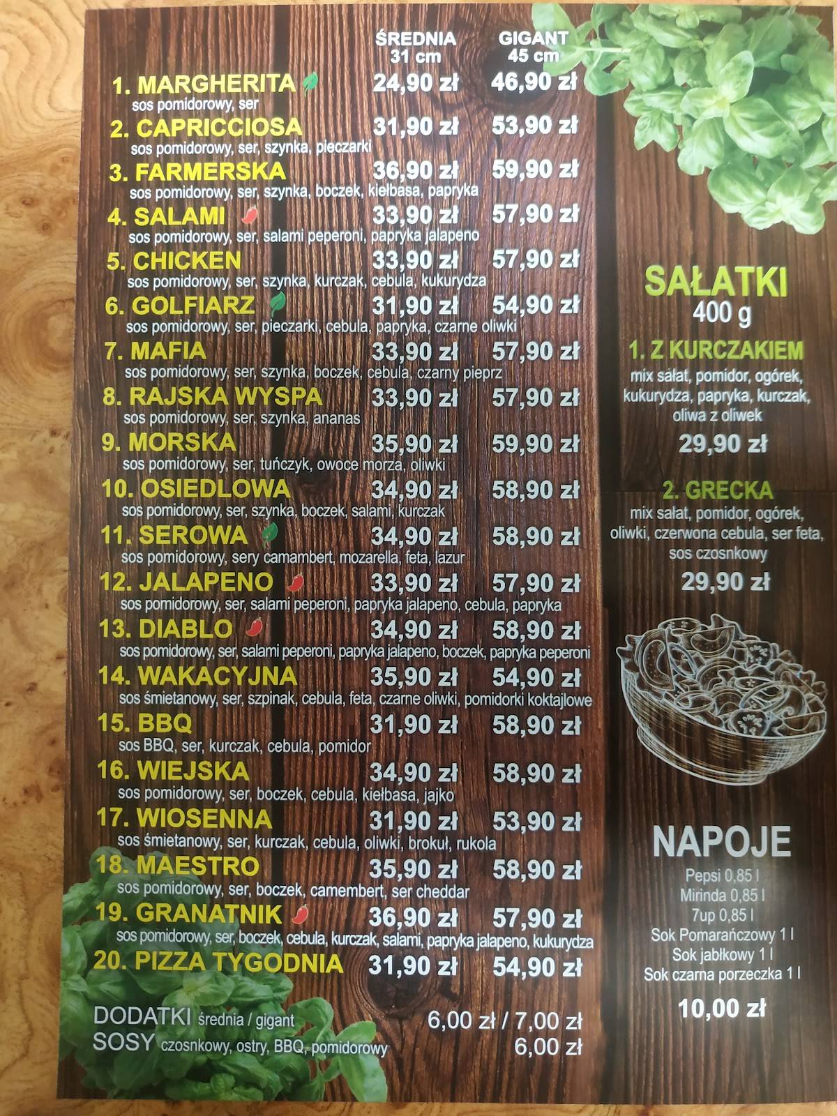 Menu at 26 Pizza restaurant, Szczecin