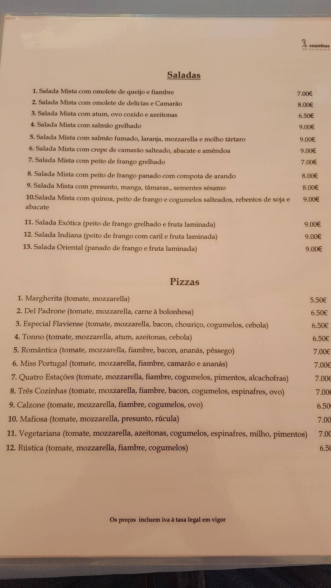 Menu em 3 Cozinhas restaurante, Chaves